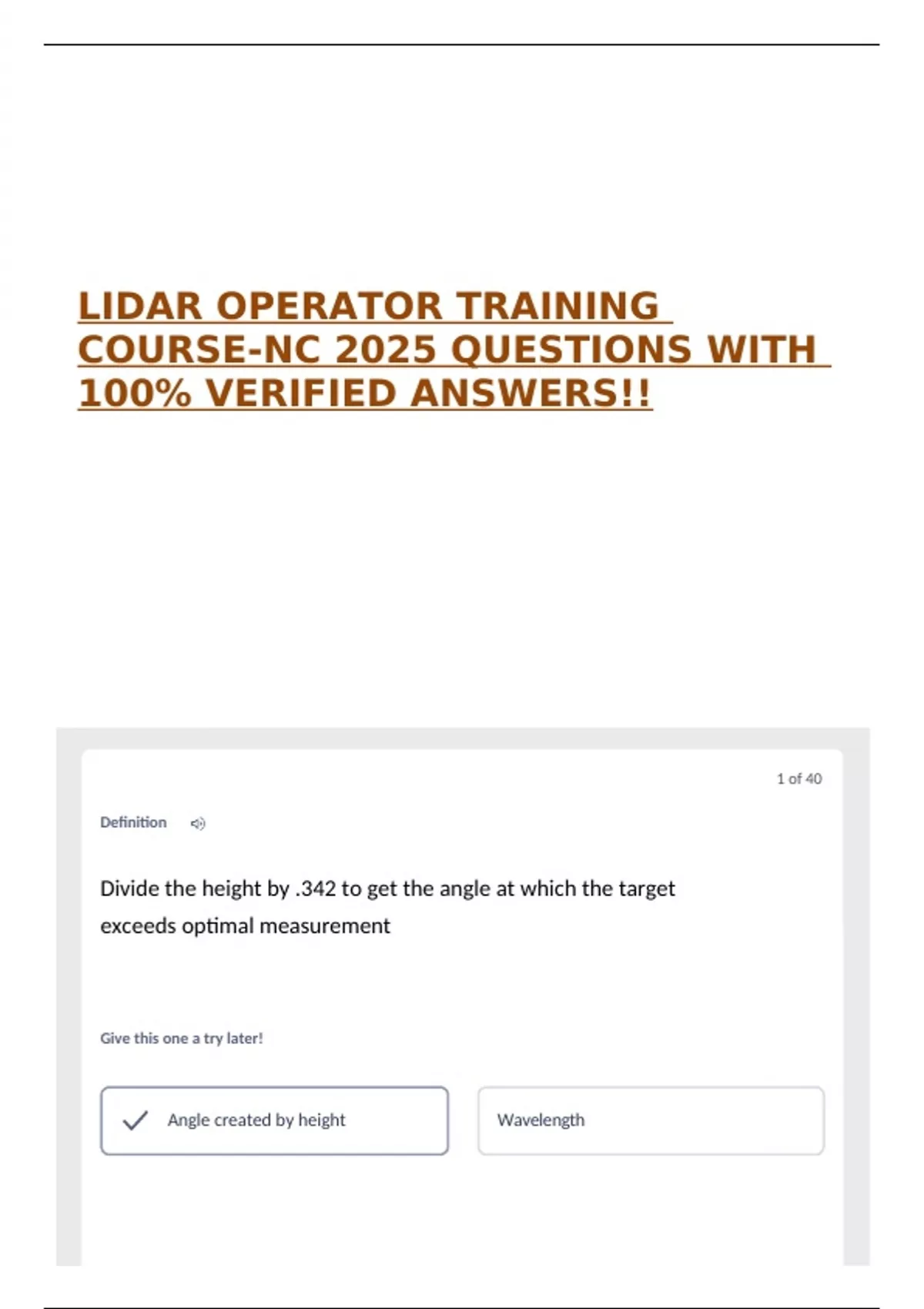 LIDAR OPERATOR TRAINING COURSE-NC 2025 QUESTIONS WITH 100% VERIFIED ANSWERS!! - NC LIDAR ...
