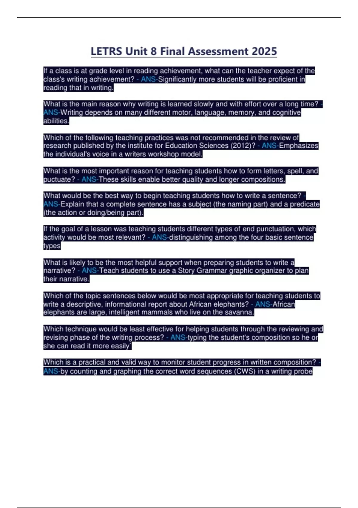 LETRS Unit 8 Final Assessment 2025 - LTRS - Stuvia US