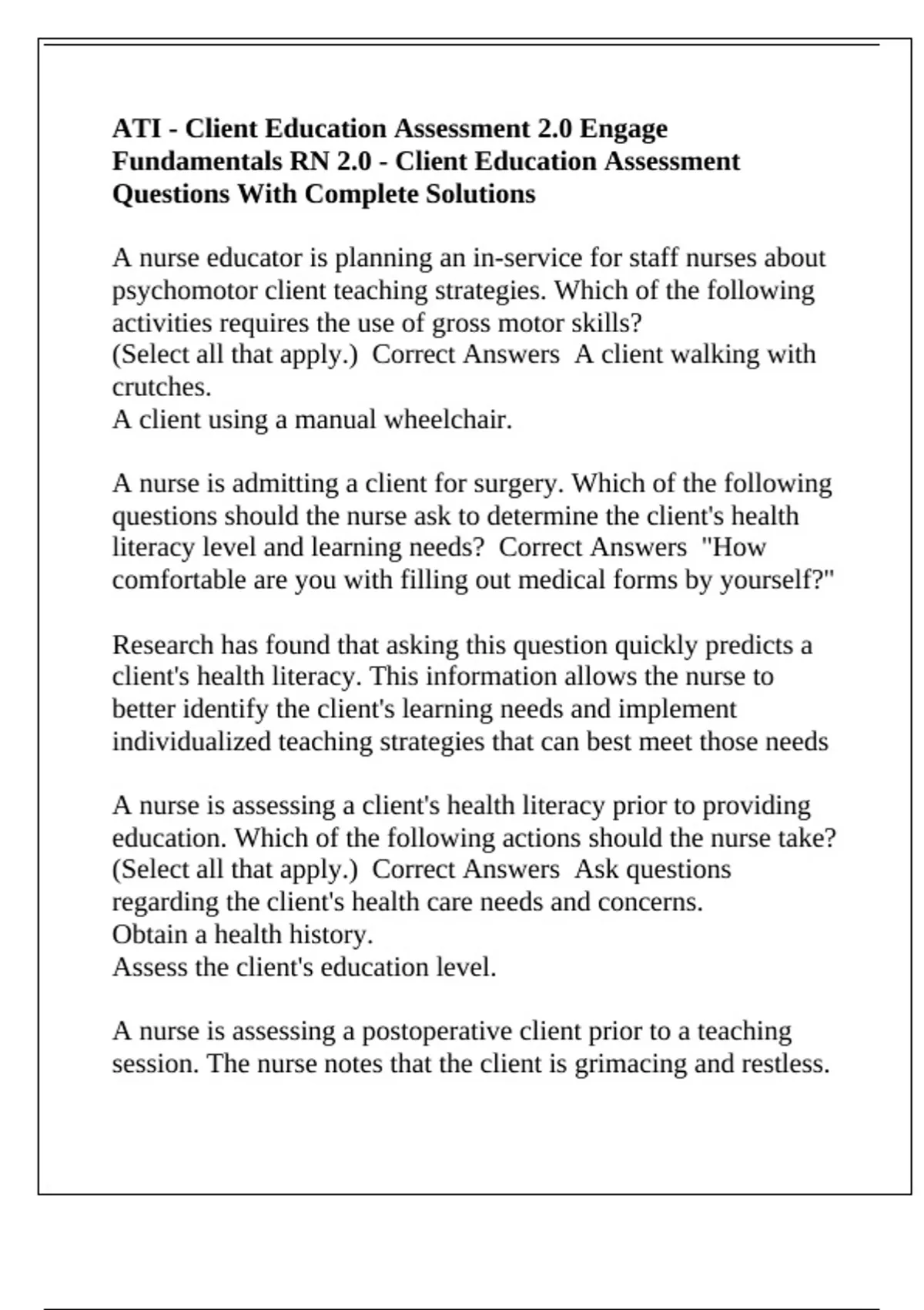 ATI - Client Education Assessment 2.0 Engage Fundamentals RN 2.0 ...