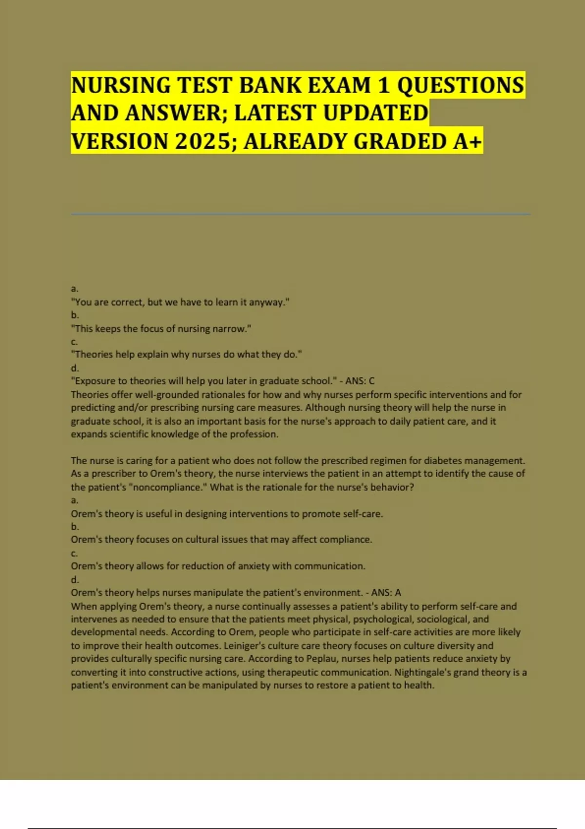 NURSING TEST BANK EXAM 1 QUESTIONS AND ANSWER; LATEST UPDATED VERSION ...