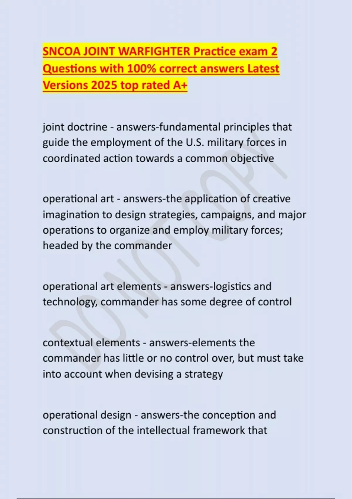 SNCOA JOINT WARFIGHTER Practice exam 2 Questions with 100- correct ...