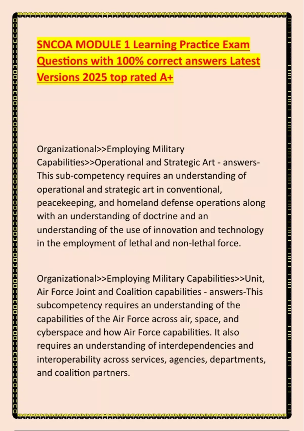 SNCOA MODULE 1 Learning Practice Exam Questions with 100- correct ...