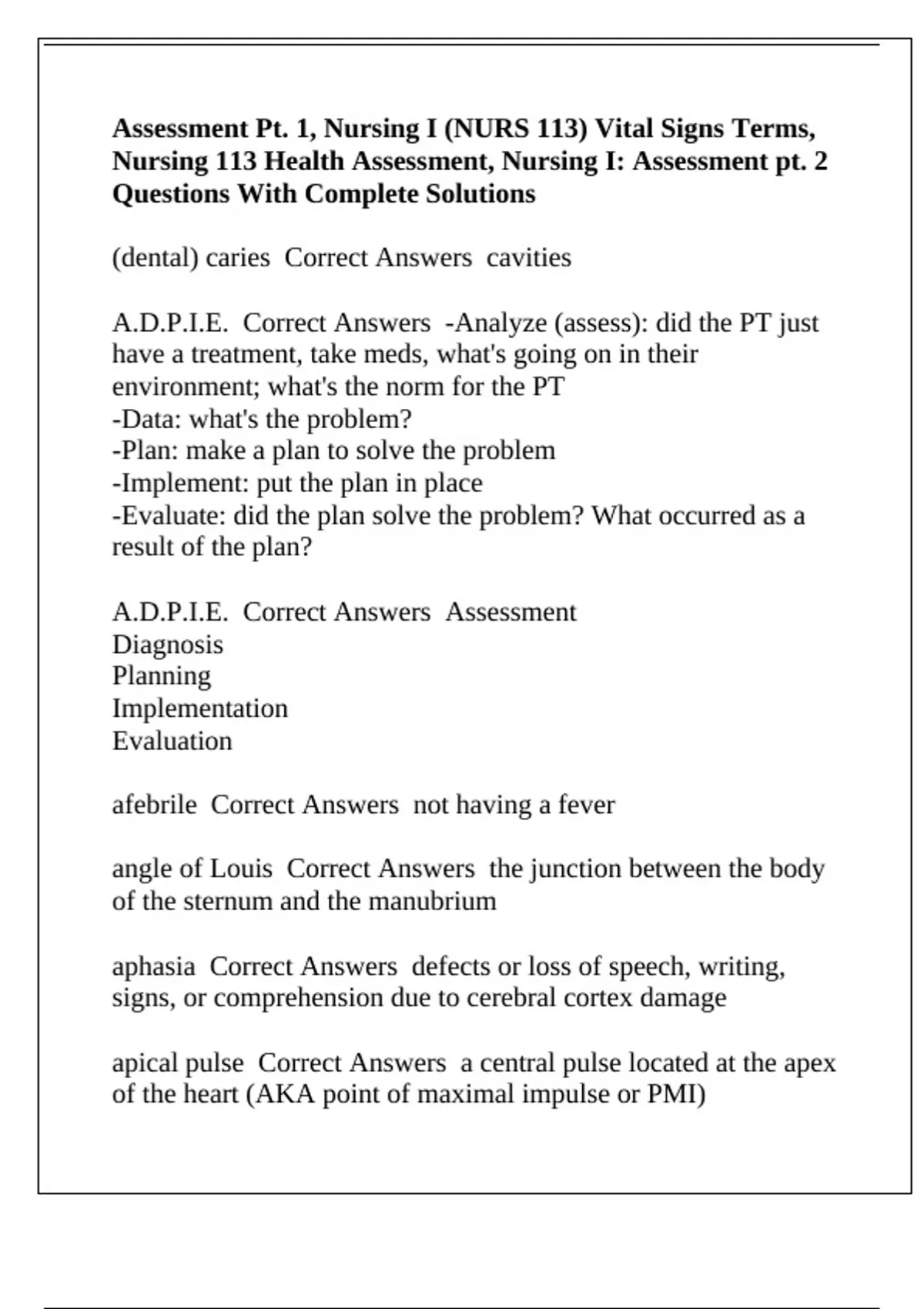 Assessment Pt. 1, Nursing I (NURS 113) Vital Signs Terms, Nursing 113 ...