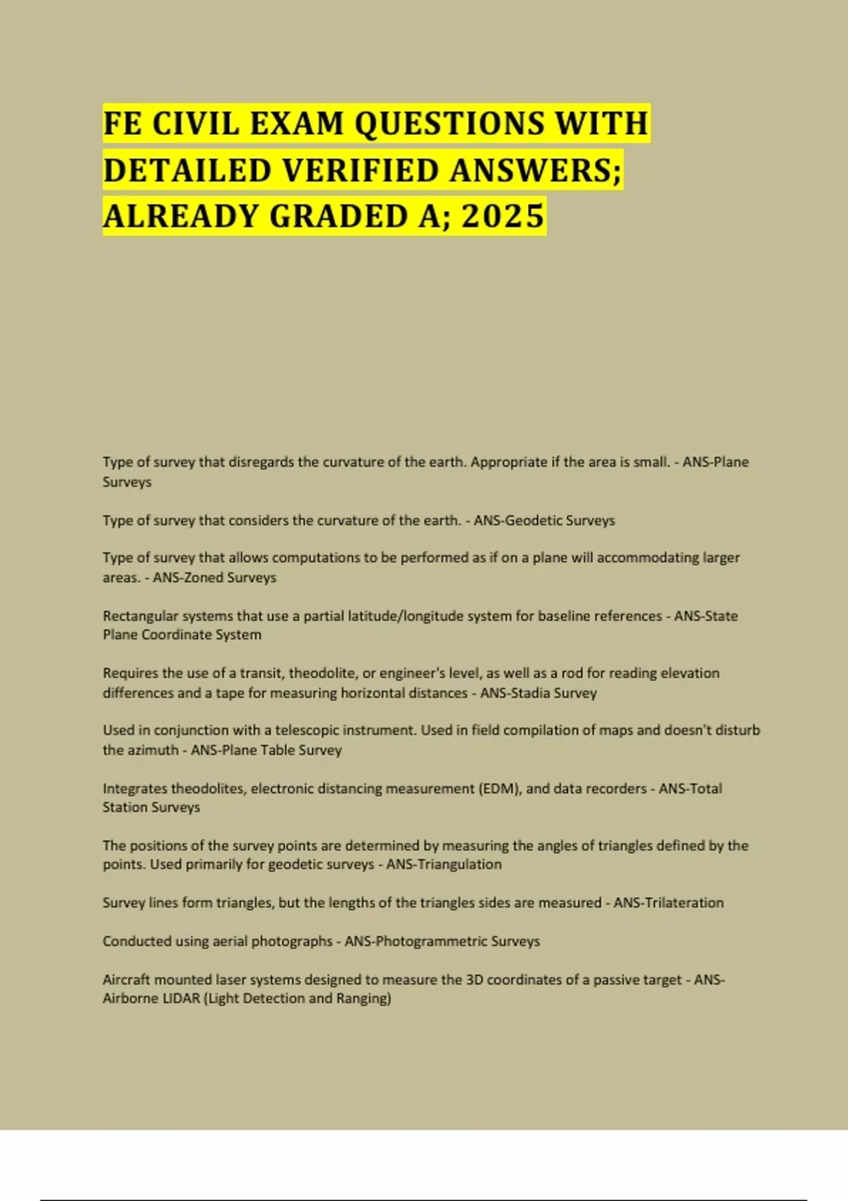 FE CIVIL EXAM QUESTIONS WITH DETAILED VERIFIED ANSWERS; ALREADY GRADED ...