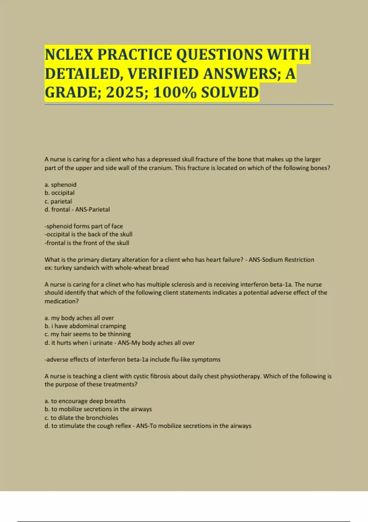 NCLEX PRACTICE QUESTIONS WITH DETAILED, VERIFIED ANSWERS; A GRADE; 2025 ...