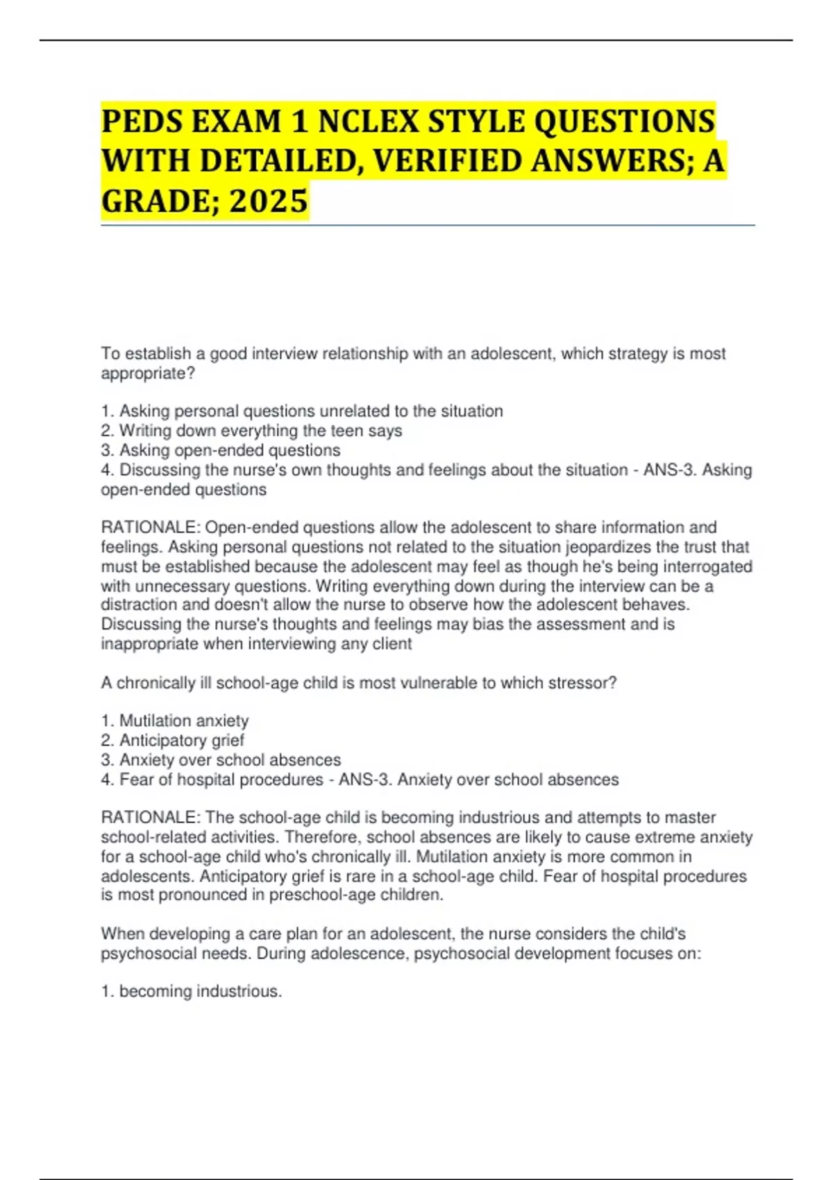 PEDS EXAM 1 NCLEX STYLE QUESTIONS WITH DETAILED, VERIFIED ANSWERS; A ...