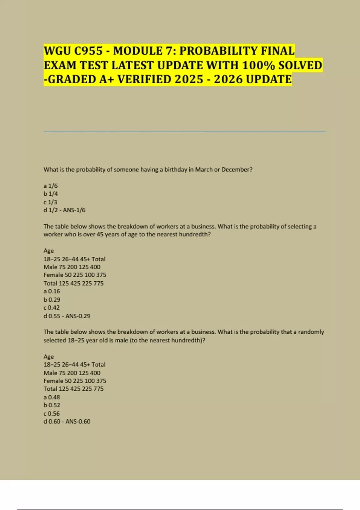 WGU C955 - MODULE 7; PROBABILITY FINAL EXAM TEST LATEST UPDATE WITH 100 ...