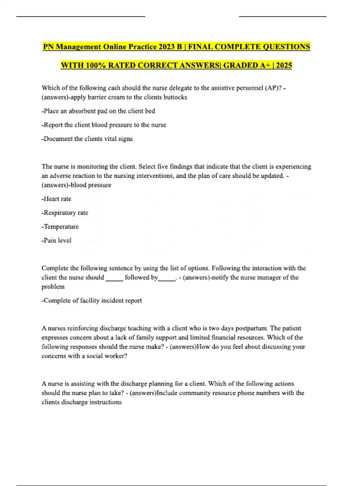 PN Management Online Practice 2023 B FINAL COMPLETE QUESTIONS WITH 100% ...