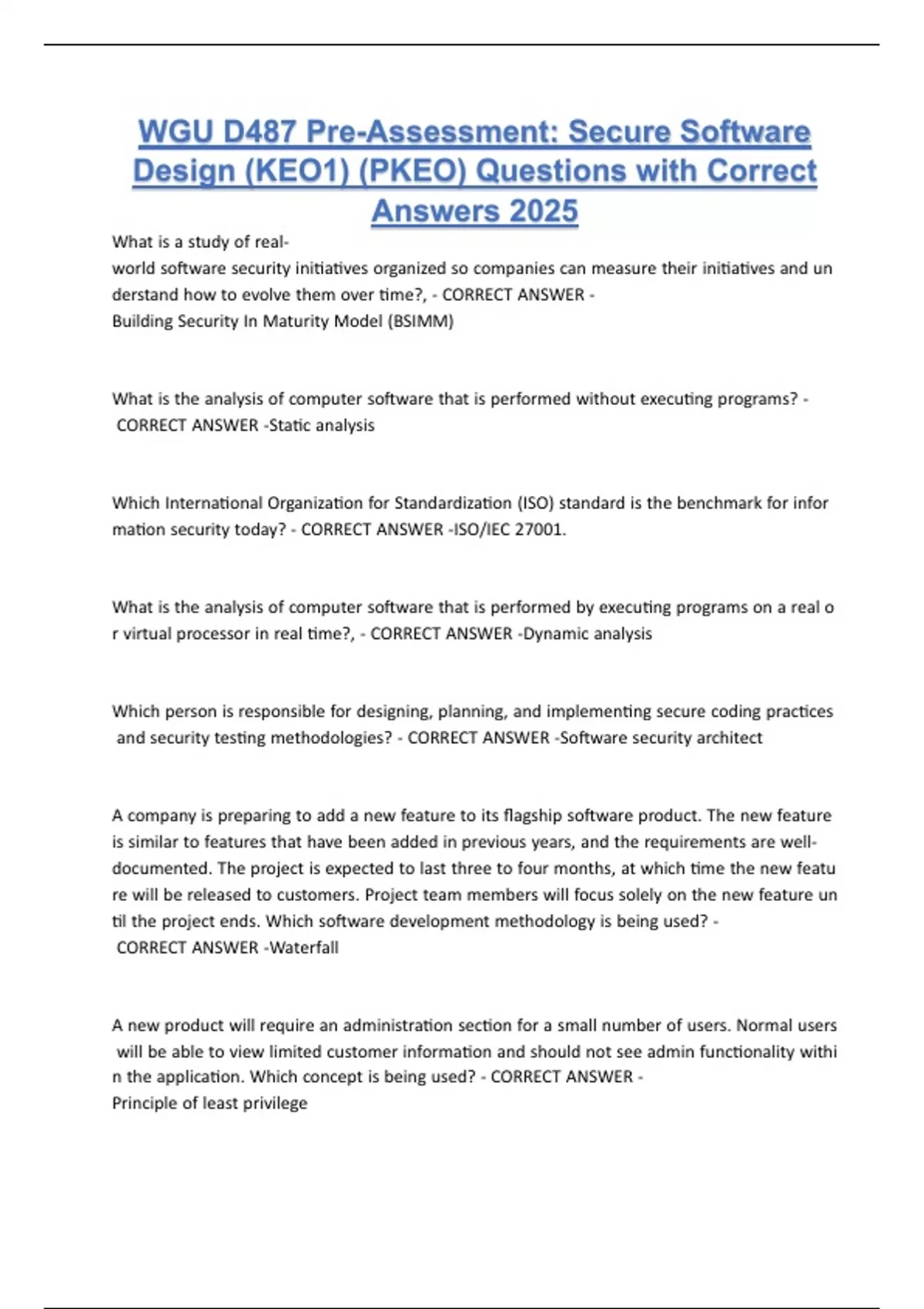 WGU D487 Pre-Assessment Secure Software Design (KEO1) (PKEO) Questions ...