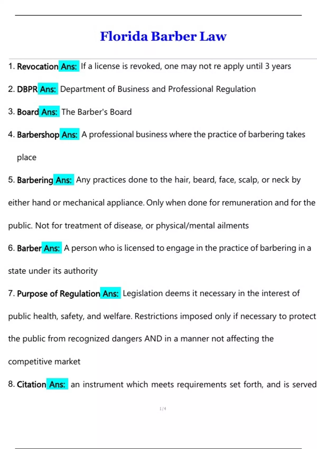 Florida Barber Law Questions and Answers | Latest Update | 2025/2026 ...