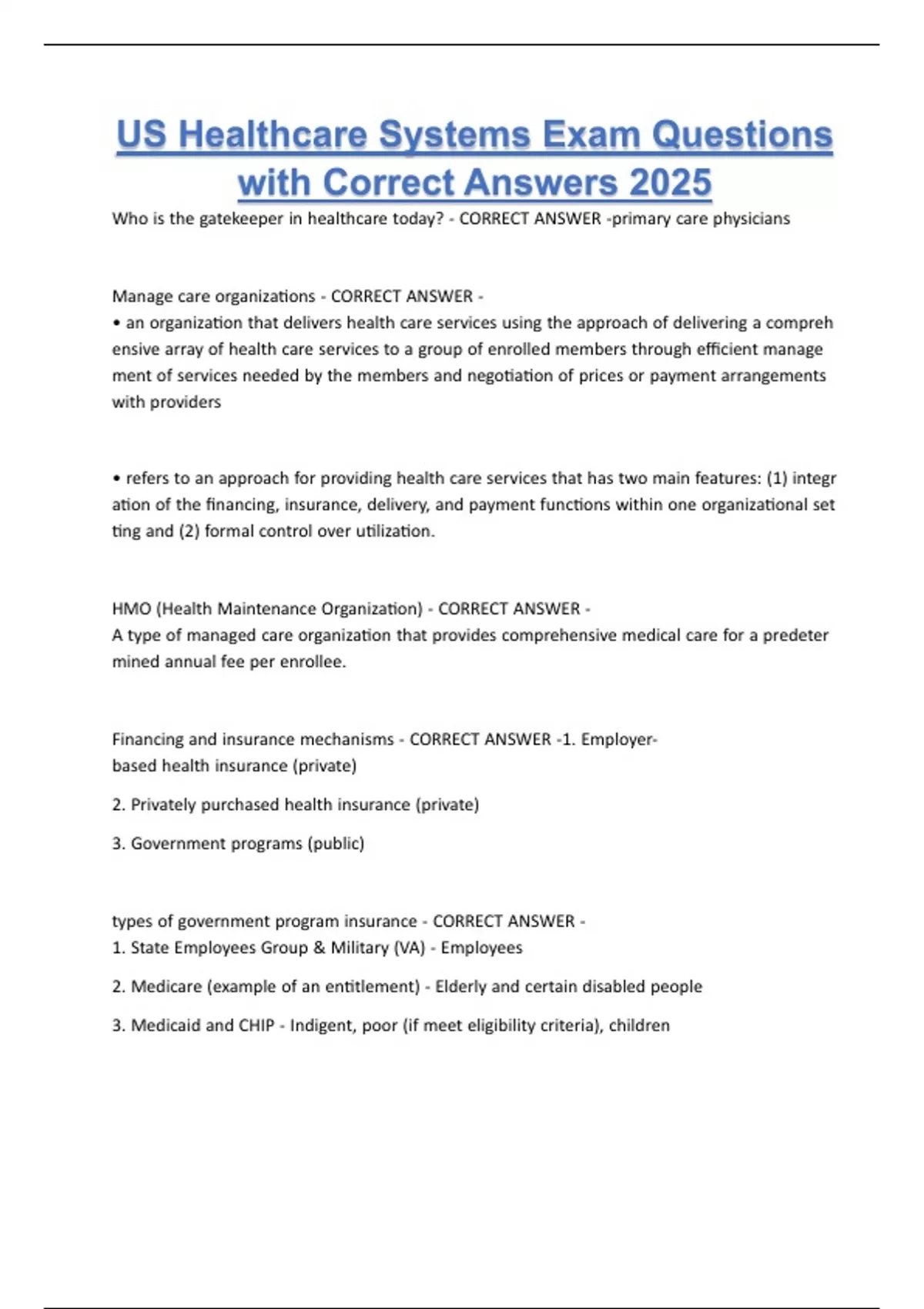 US Healthcare Systems Exam Questions with Correct Answers 2025 - Health ...