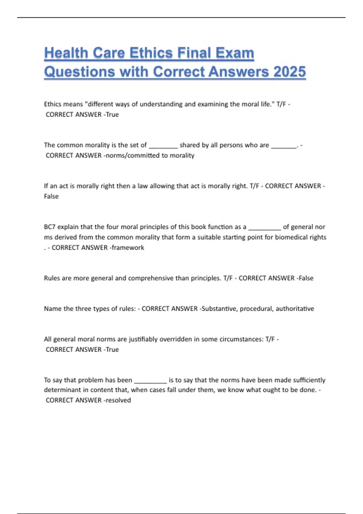 Health Care Ethics Final Exam Questions with Correct Answers 2025 ...