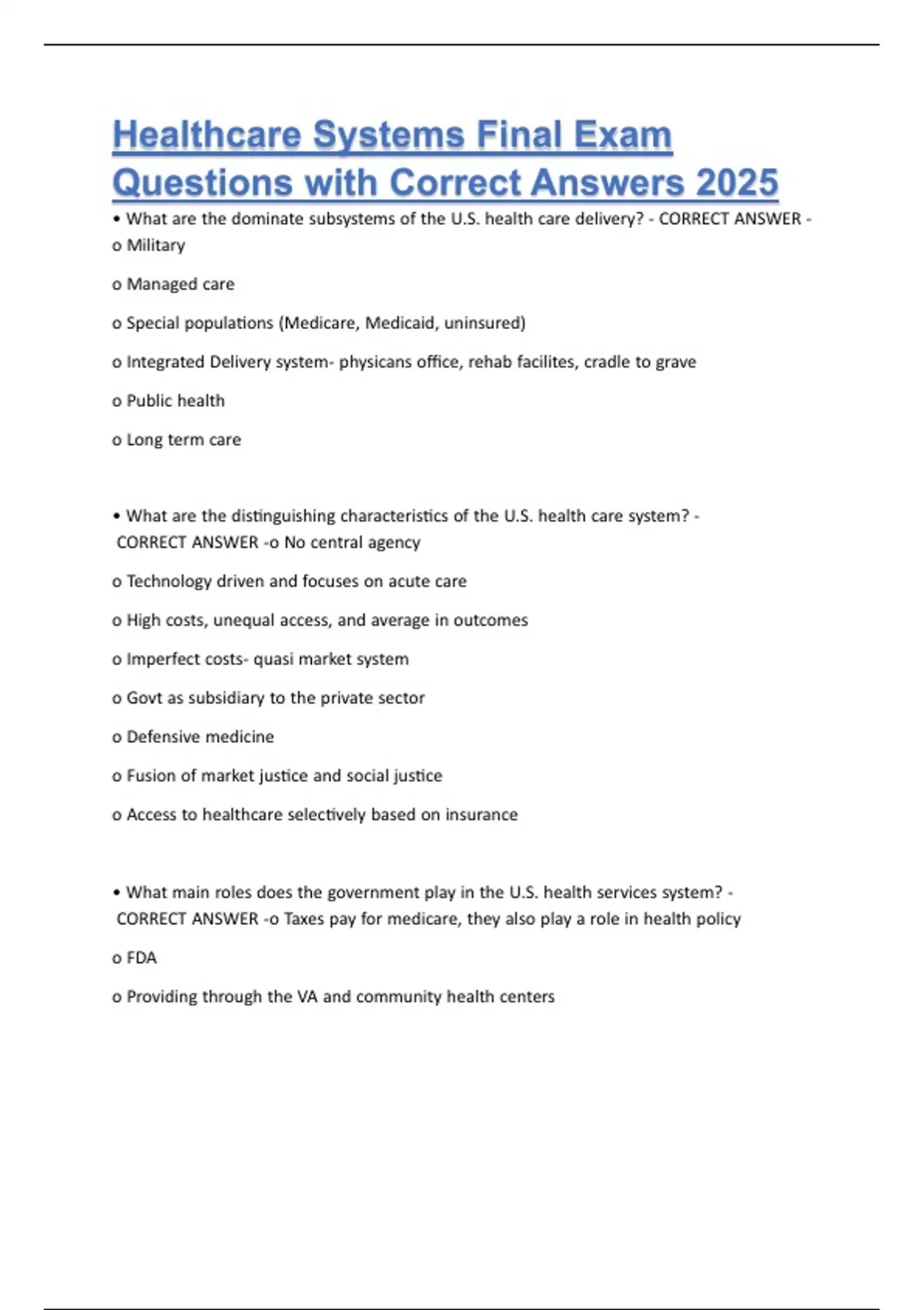 Healthcare Systems Final Exam Questions with Correct Answers 2025 ...