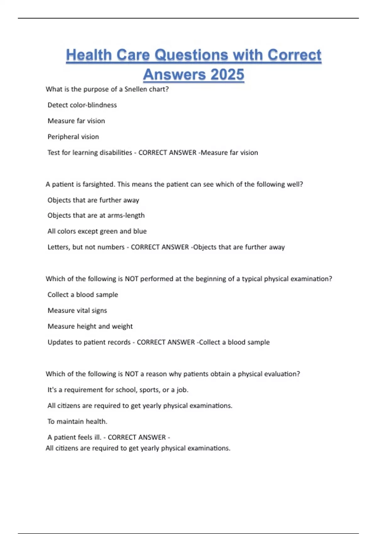 Health Care Questions with Correct Answers 2025 - Health Care - Stuvia US