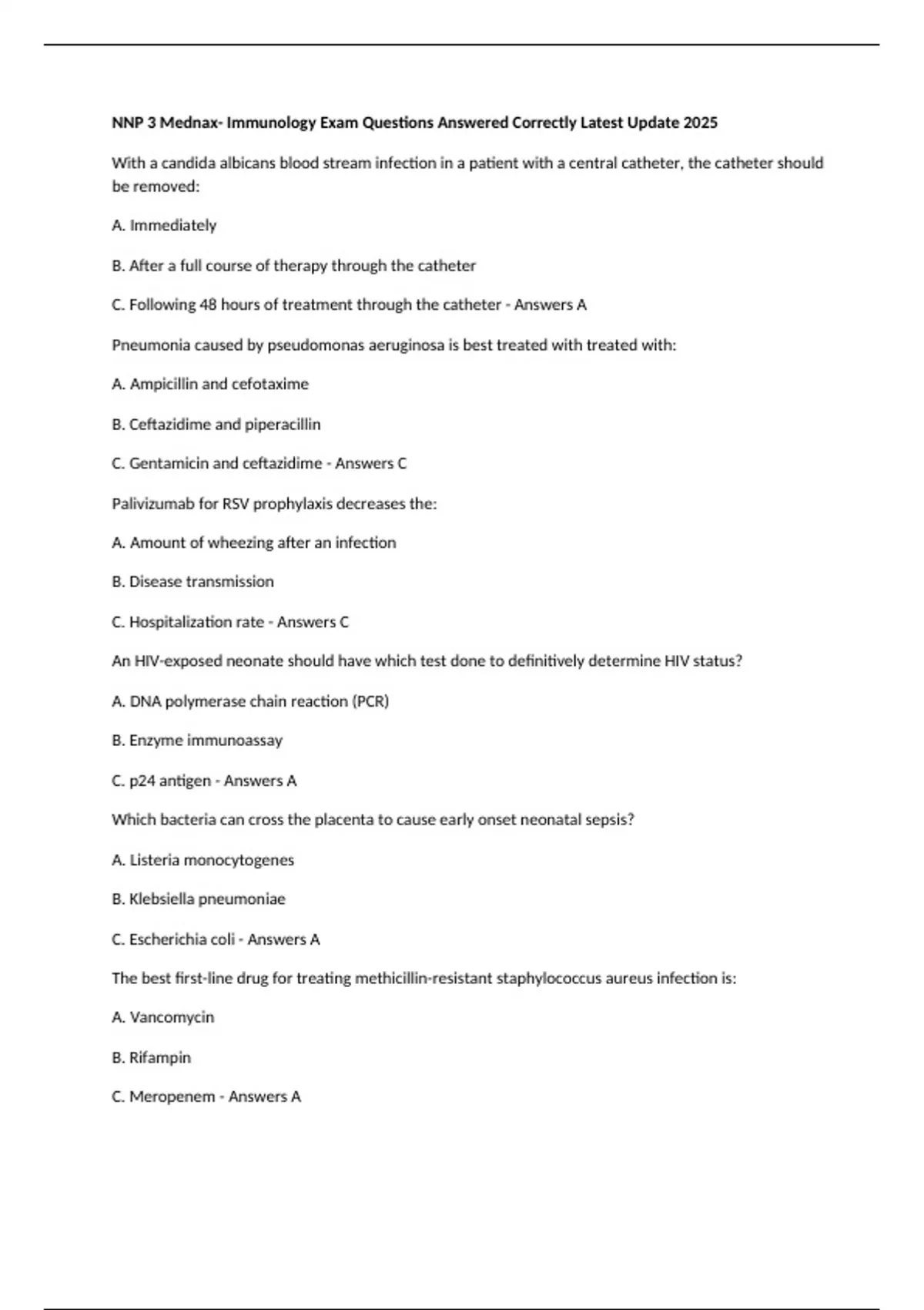 NNP 3 Mednax- Immunology Exam Questions Answered Correctly Latest ...