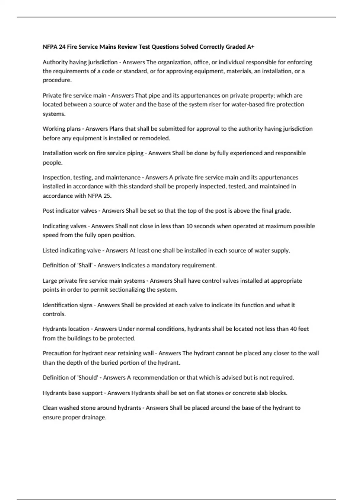 NFPA 24 Fire Service Mains Review Test Questions Solved Correctly ...