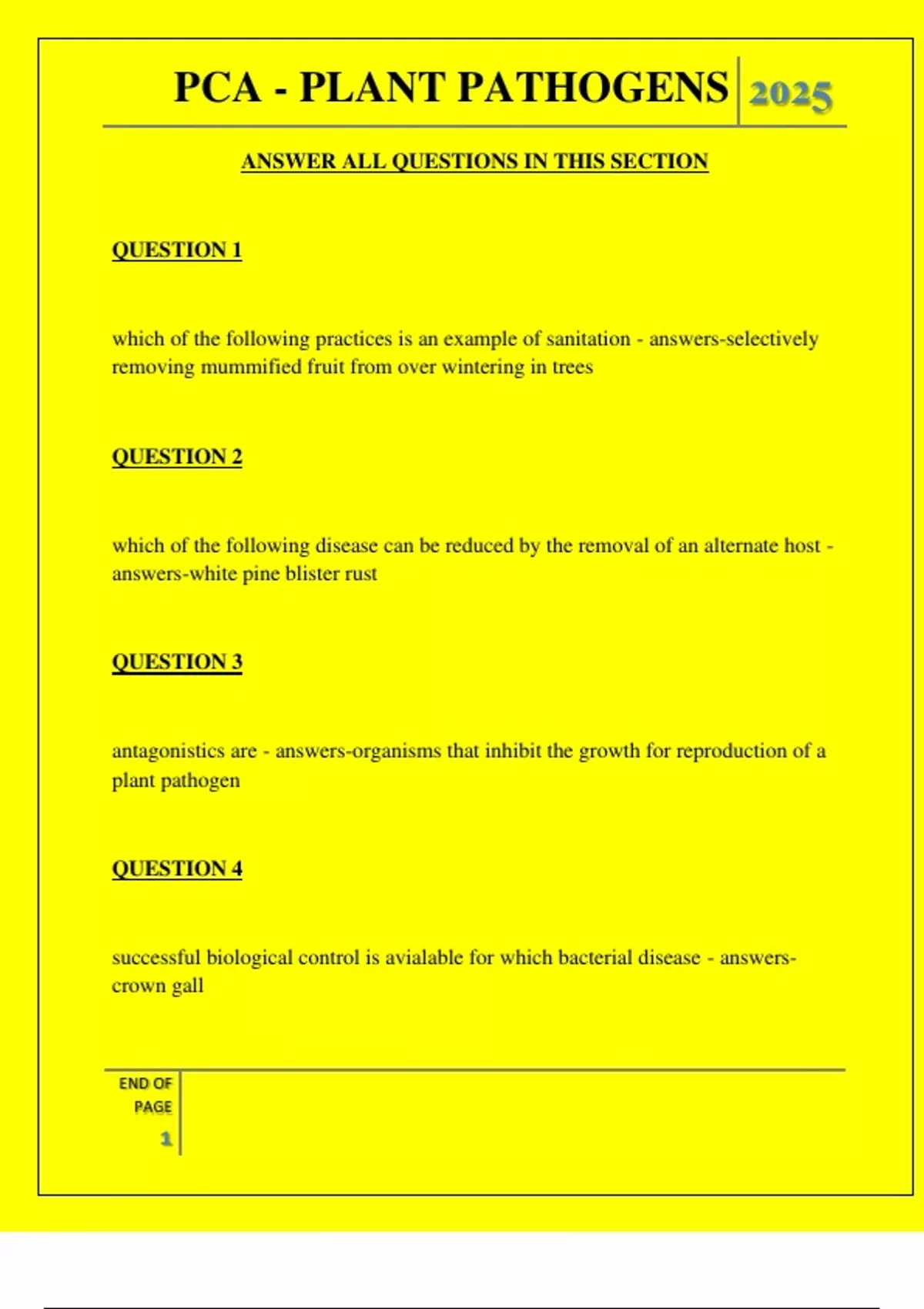 PCA - PLANT PATHOGENS QUESTIONS AND ANSWERS 2025 - PCA - PLANT ...