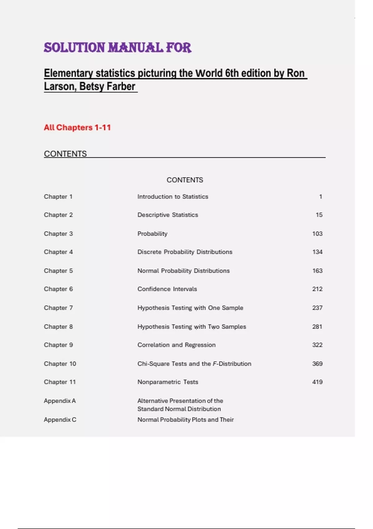 Solution manual for Elementary statistics picturing the World 6th ...