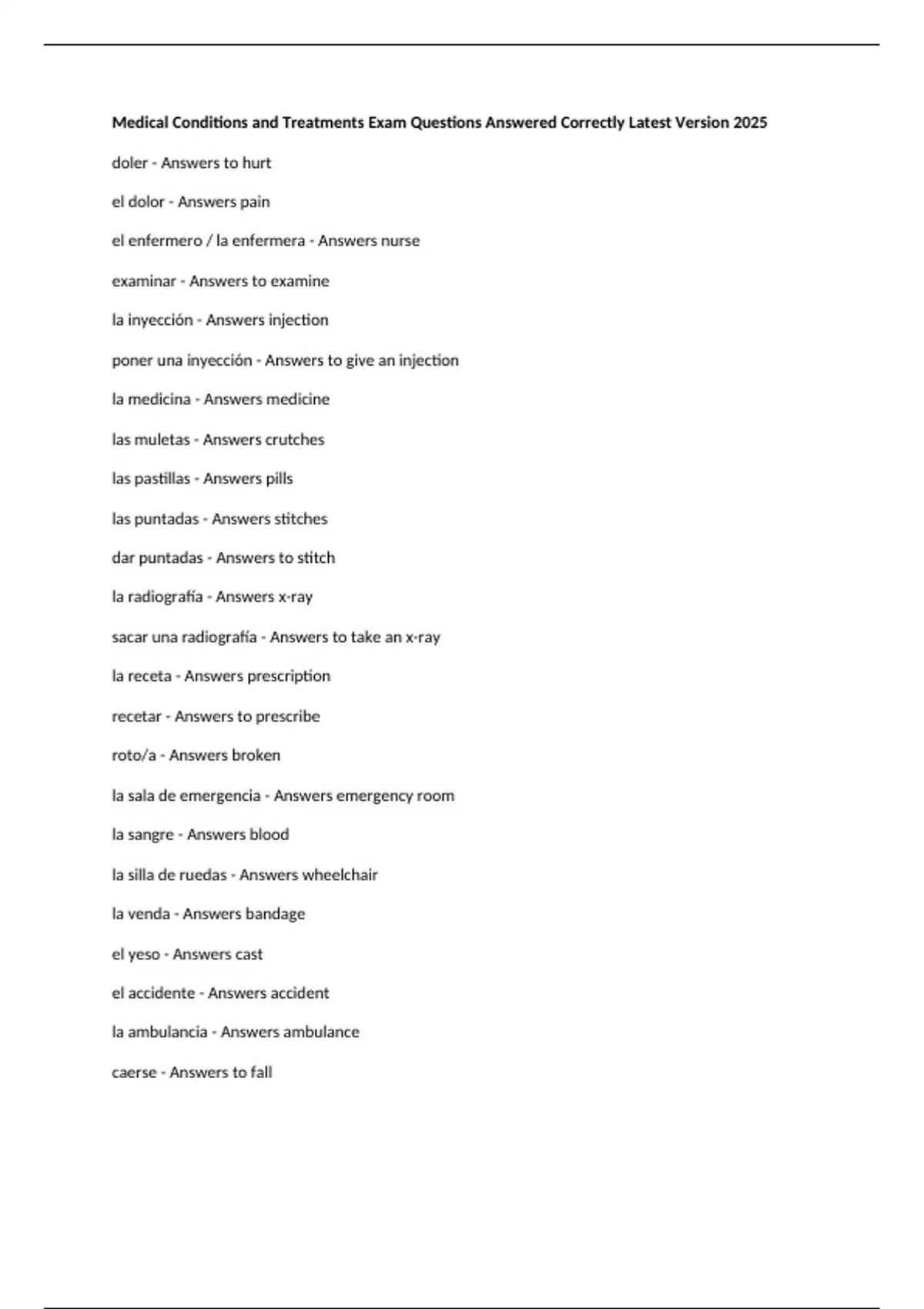 Medical Conditions and Treatments Exam Questions Answered Correctly ...