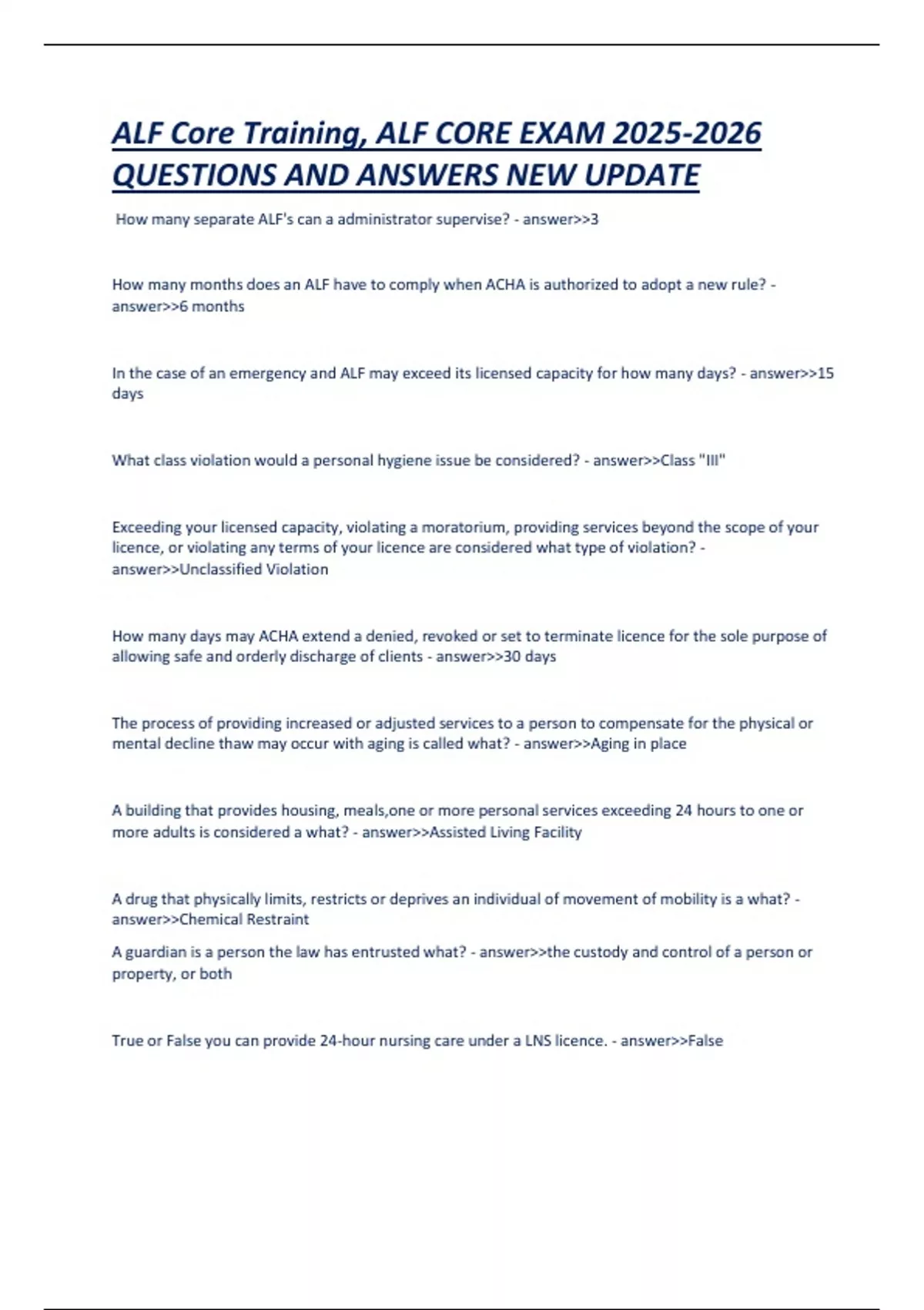 ALF Core Training, ALF CORE EXAM QUESTIONS AND ANSWERS NEW UPDATE - ALF ...