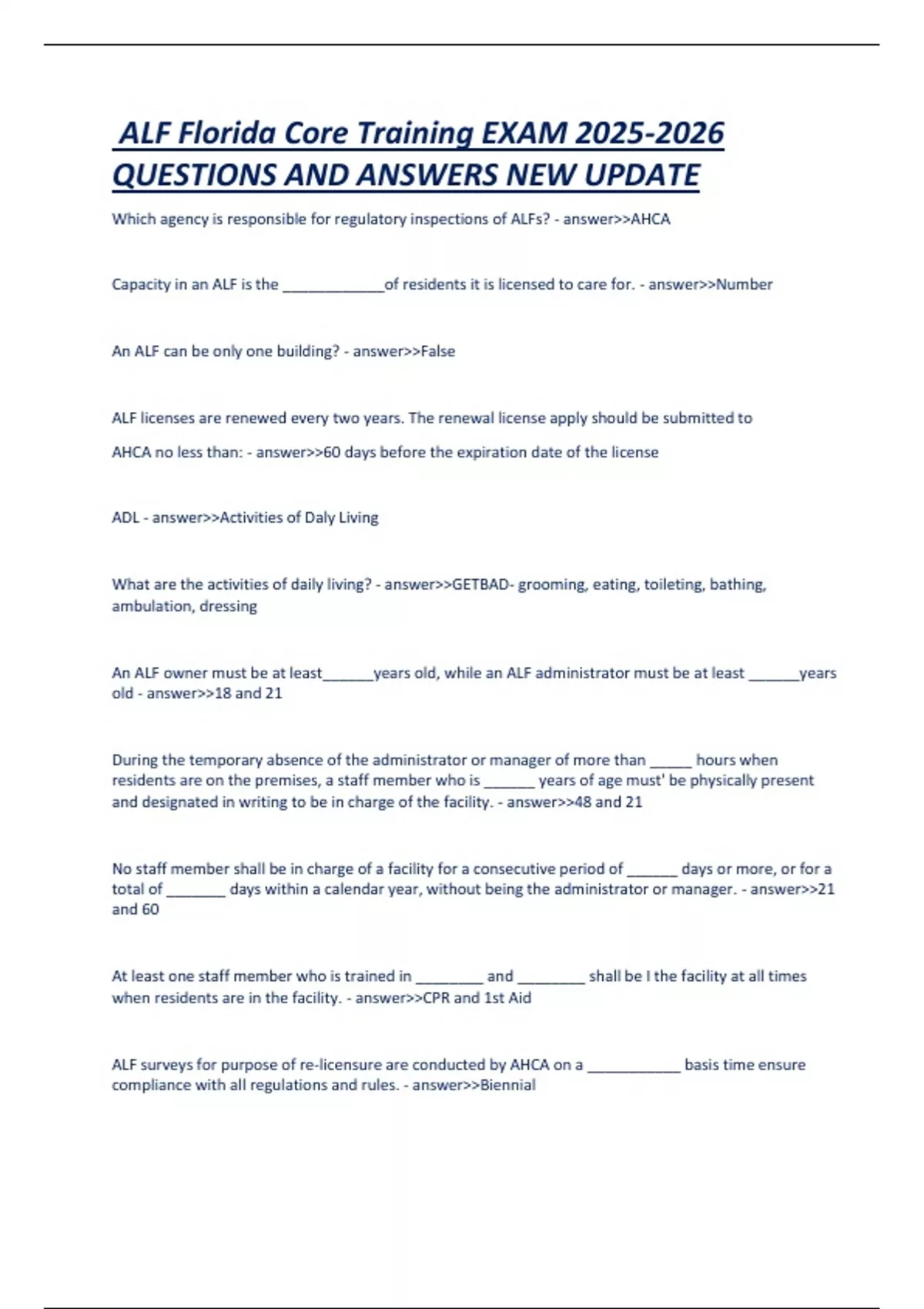 ALF Florida Core Training EXAM QUESTIONS AND ANSWERS NEW UPDATE - ALF ...