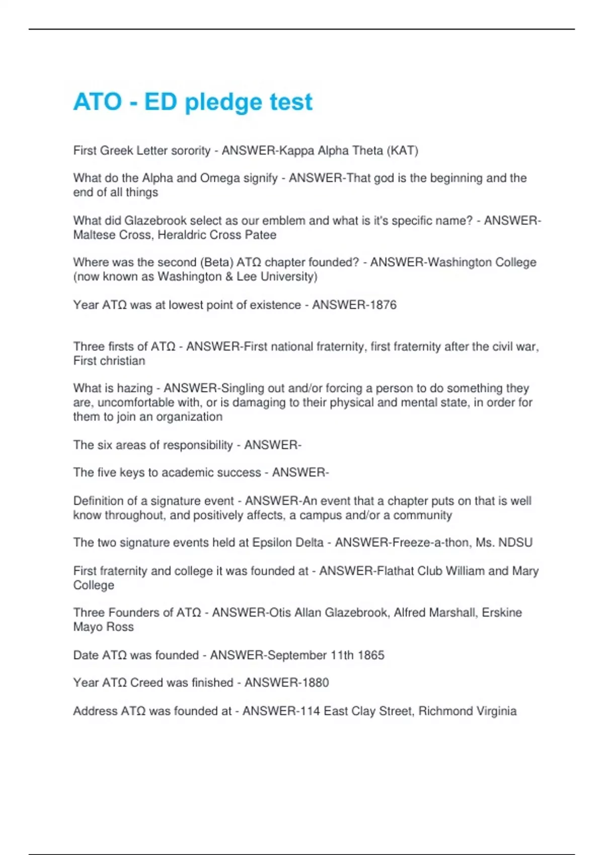 ATO - ED pledge test 2025 Questions with Correct Answers| New Version ...