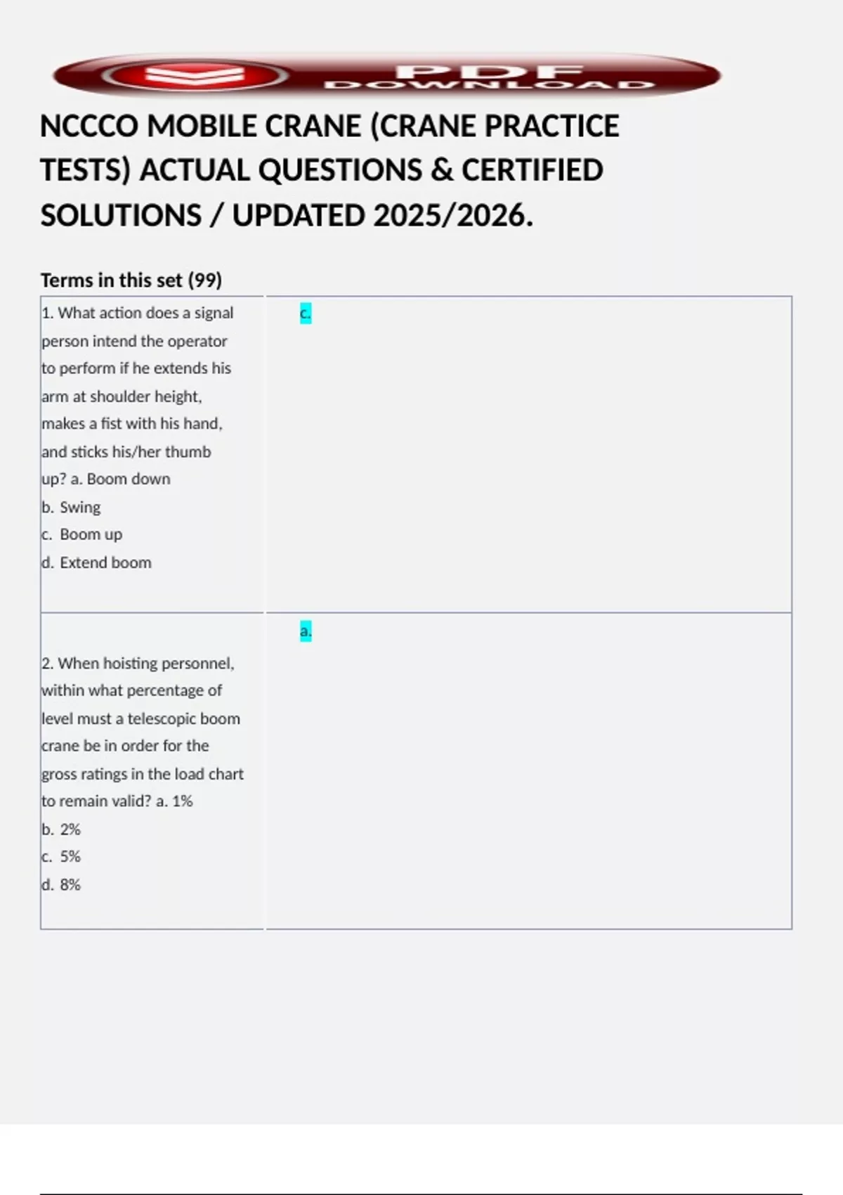 NCCCO MOBILE CRANE (CRANE PRACTICE TESTS) ACTUAL QUESTIONS & CERTIFIED ...