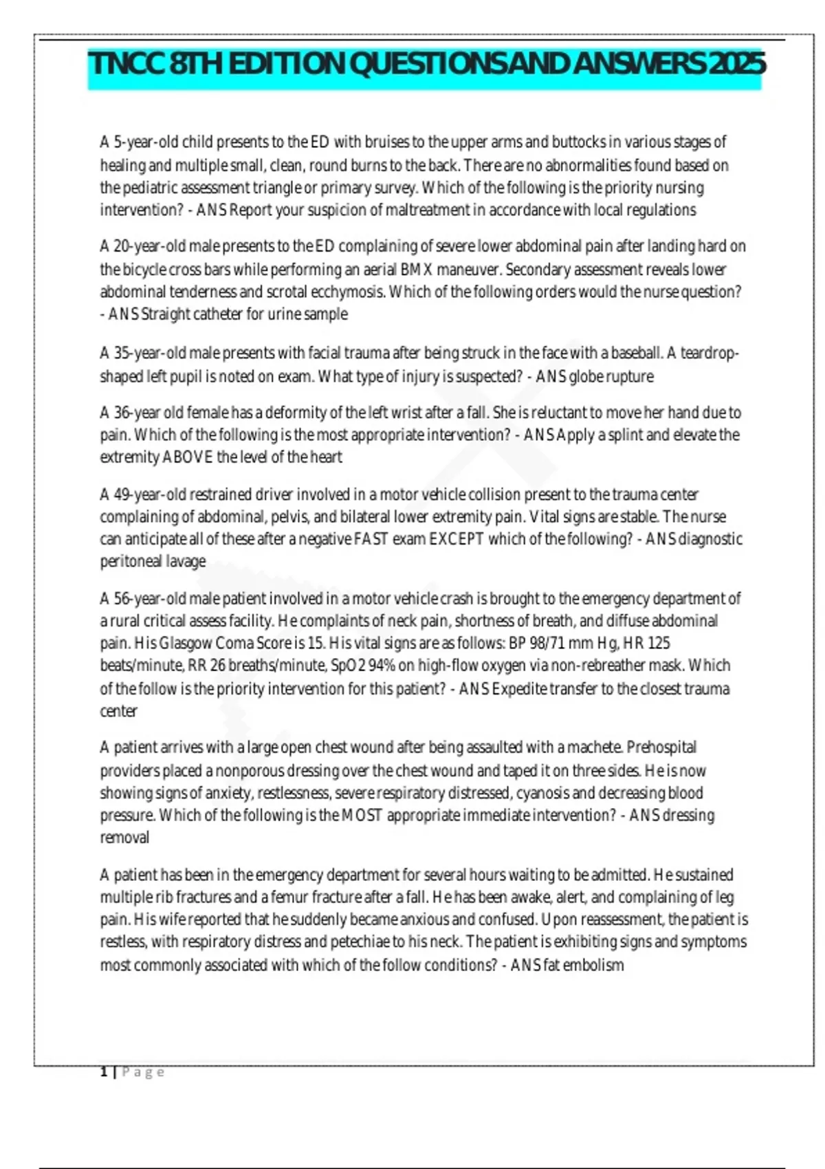 TNCC 8TH EDITION QUESTIONS AND ANSWERS 2025 - TNCC-Trauma Nursing Core ...