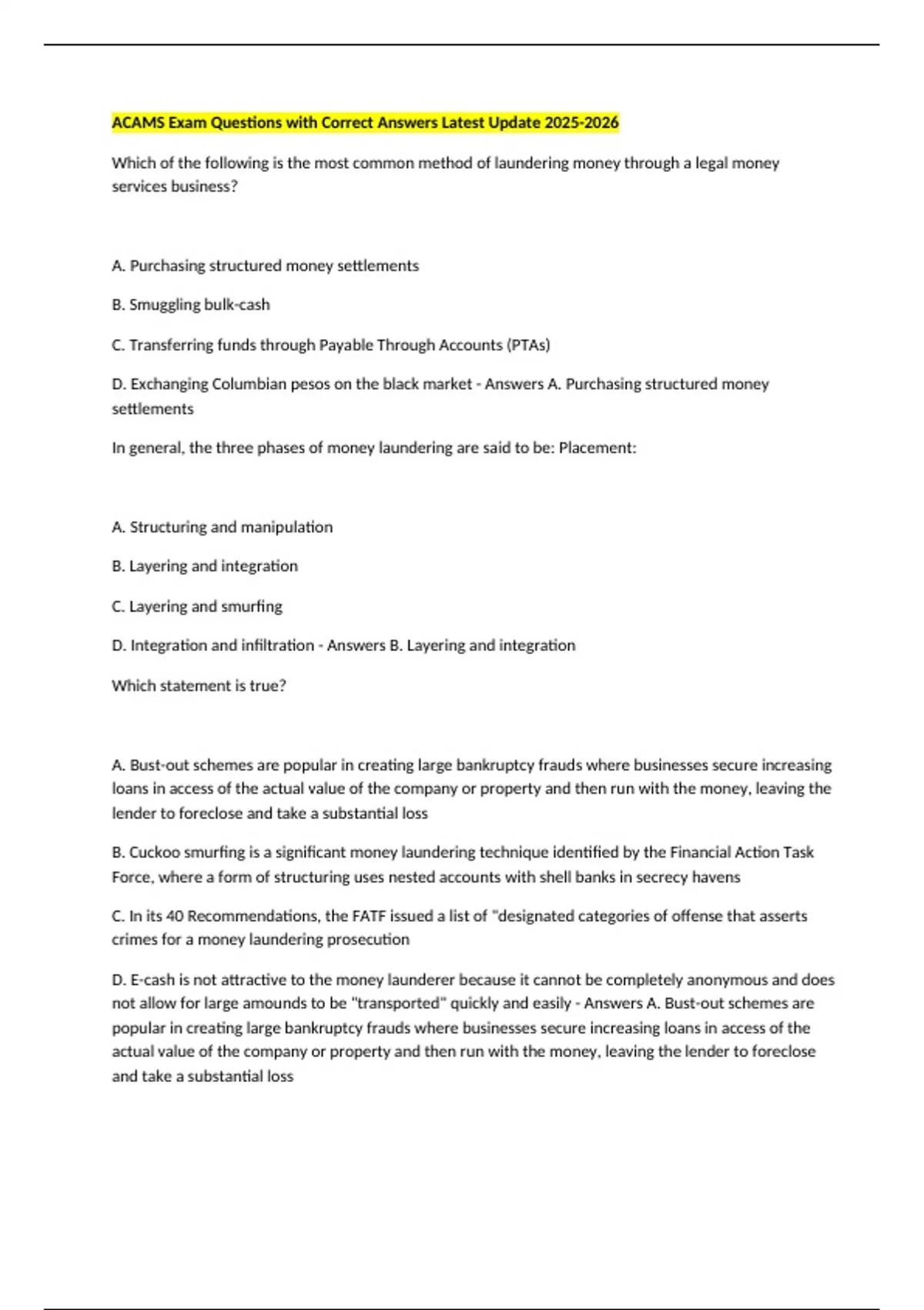 ACAMS Exam Questions with Correct Answers Latest Update - ACAMS - Stuvia US