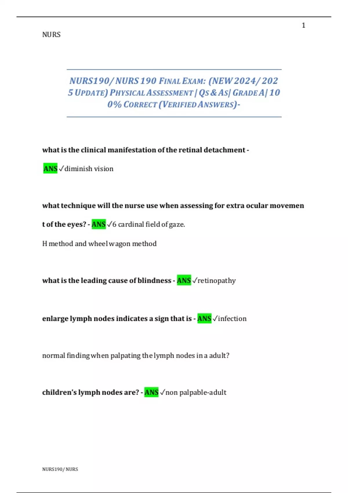 NURS190 NURS 190 FINAL EXAM (NEW UPDATE) PHYSICAL ASSESSMENT QS & AS GRADE A 100% CORRECT ...