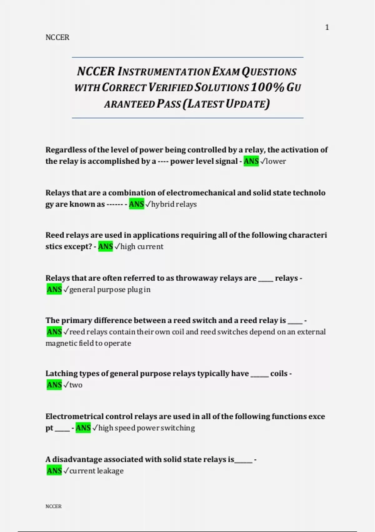 NCCER INSTRUMENTATION EXAM QUESTIONS WITH CORRECT VERIFIED SOLUTIONS ...