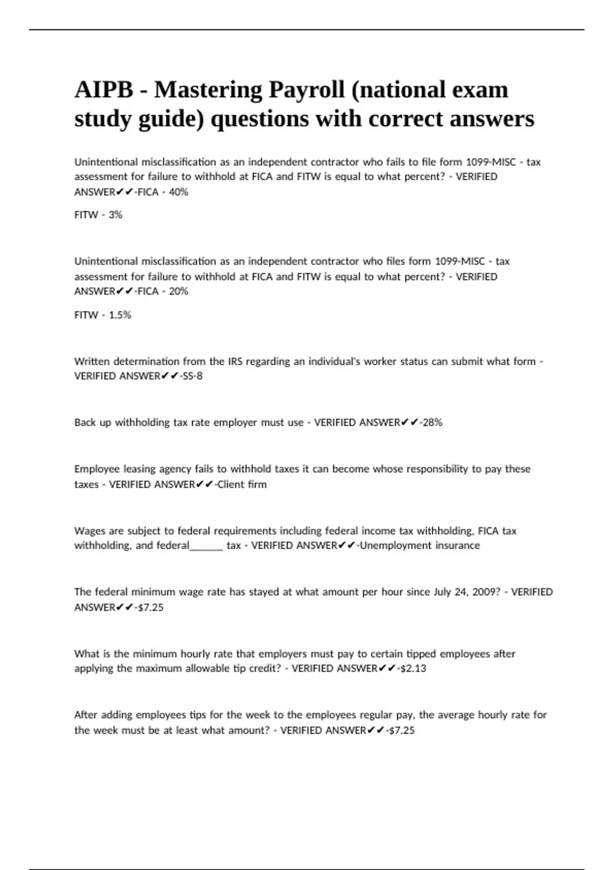 AIPB - Mastering Payroll (national exam study guide) questions with correct answers - Payroll ...