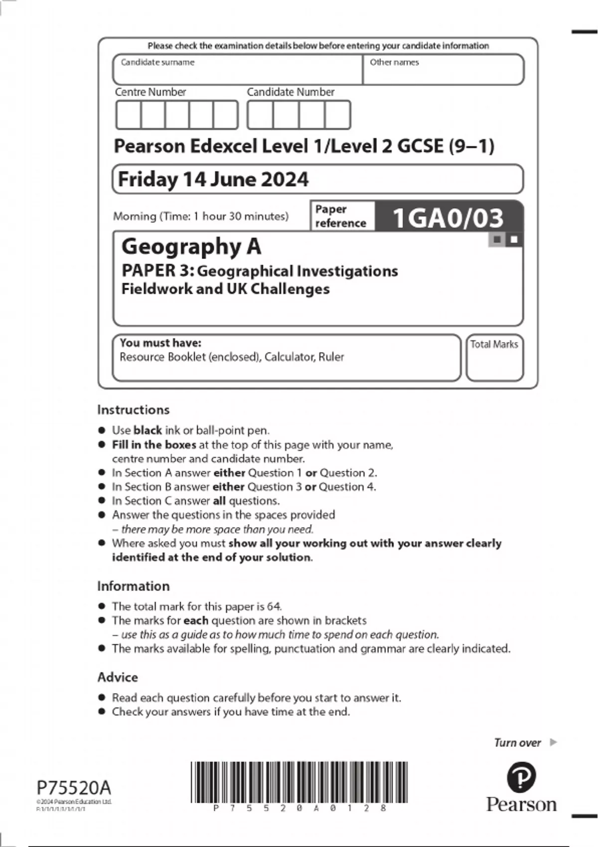2024 Pearson Edexcel Level 1/Level 2 GCSE (9−1) Geography A PAPER 3 ...