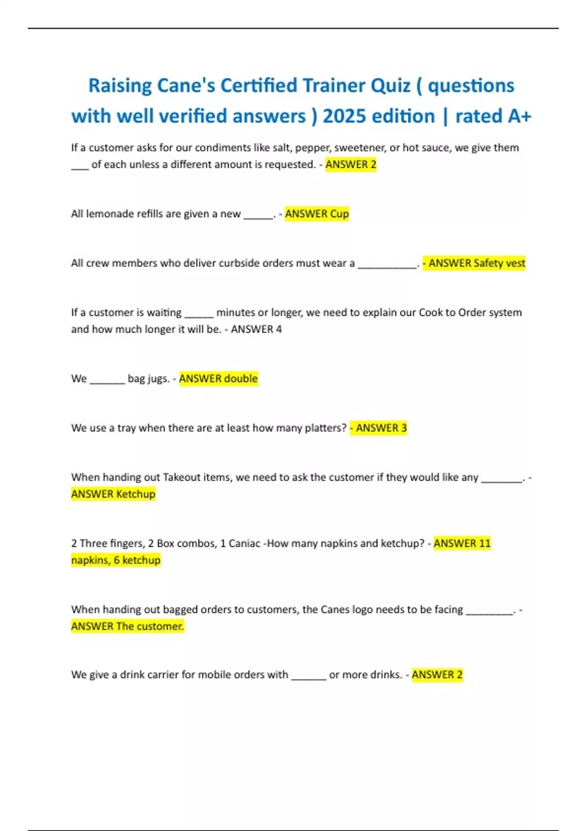 Raising Cane's Certified Trainer Quiz ( questions with well verified ...