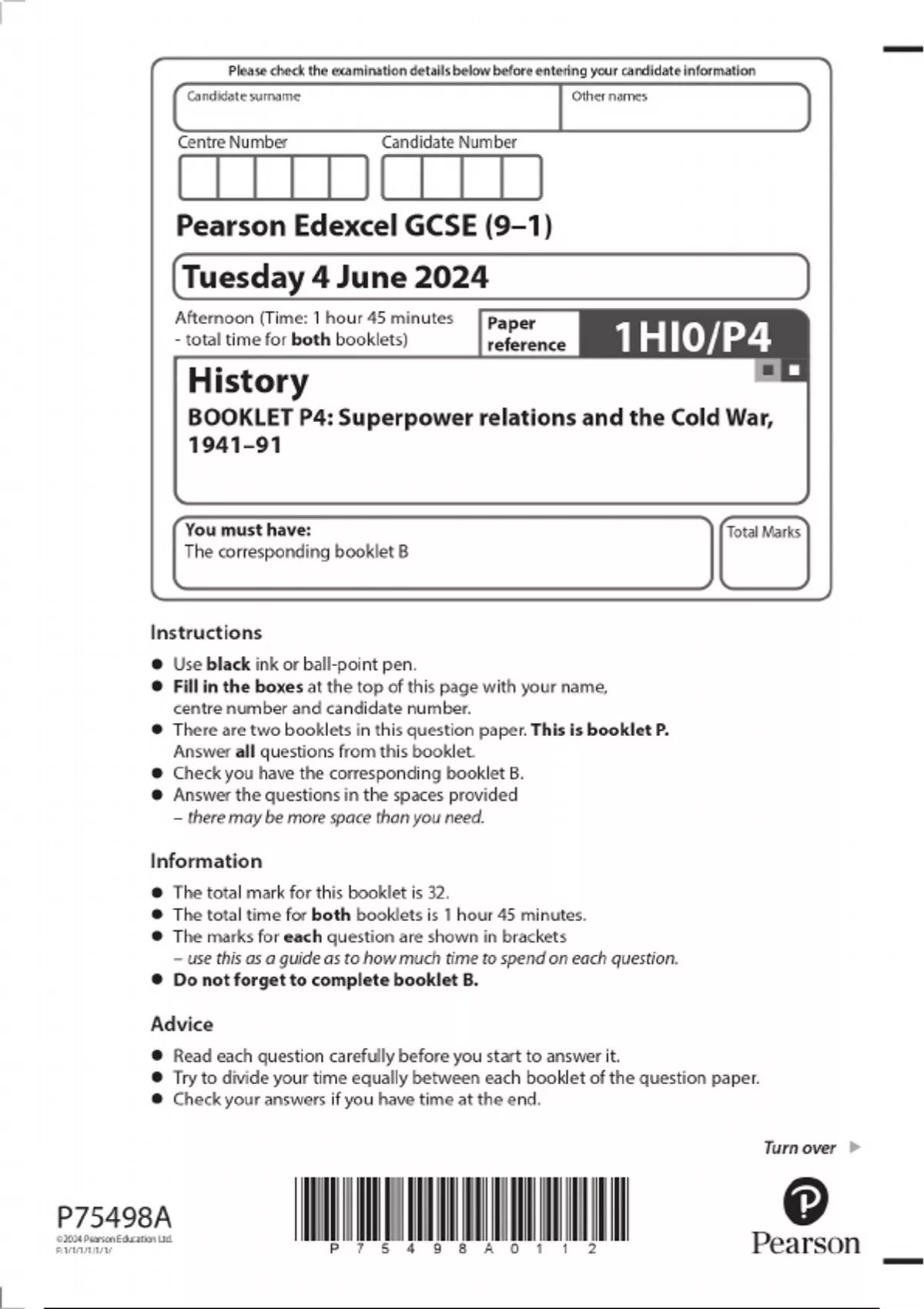 2024 Pearson Edexcel GCSE (9–1) History BOOKLET P4: Superpower ...