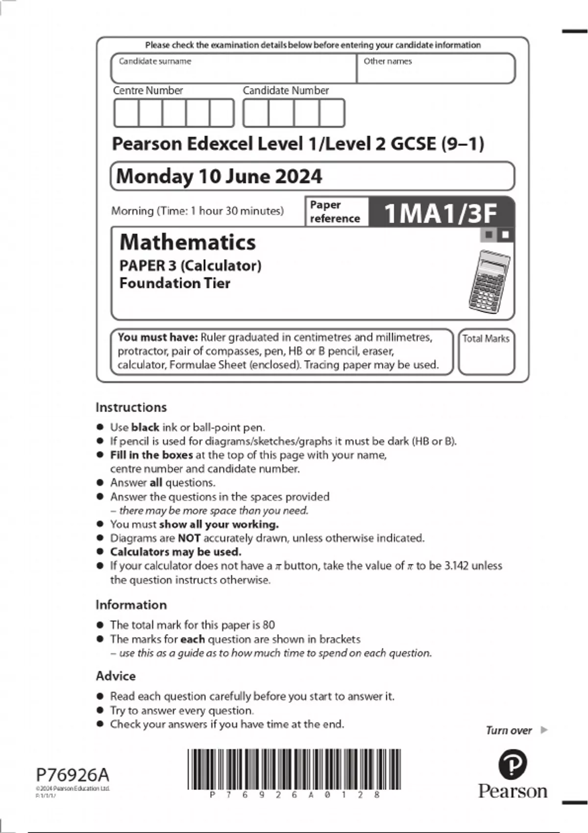 PACKAGE-::2024 Pearson Edexcel Level 1/Level 2 GCSE (9–1) Mathematics ...