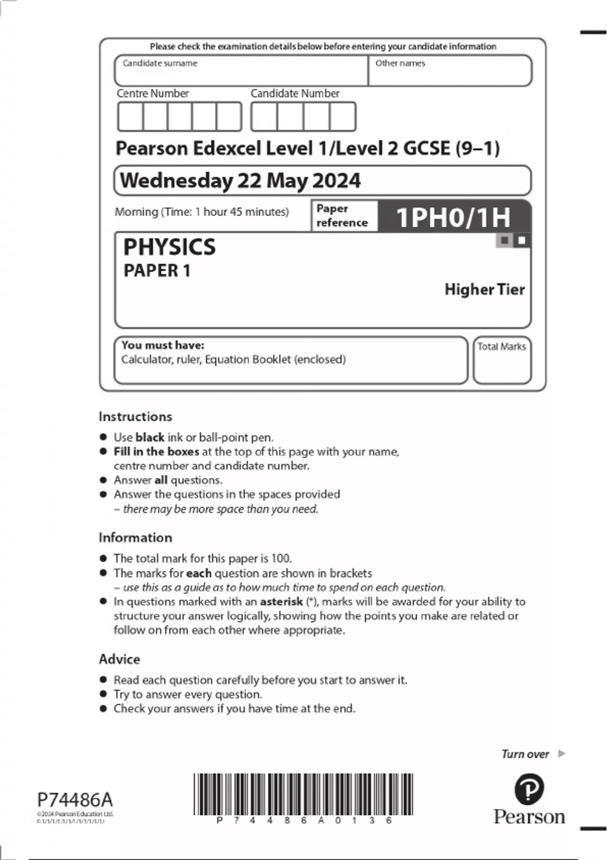 2024 Pearson Edexcel Level 1/Level 2 GCSE (9–1) PHYSICS PAPER 1 Higher ...