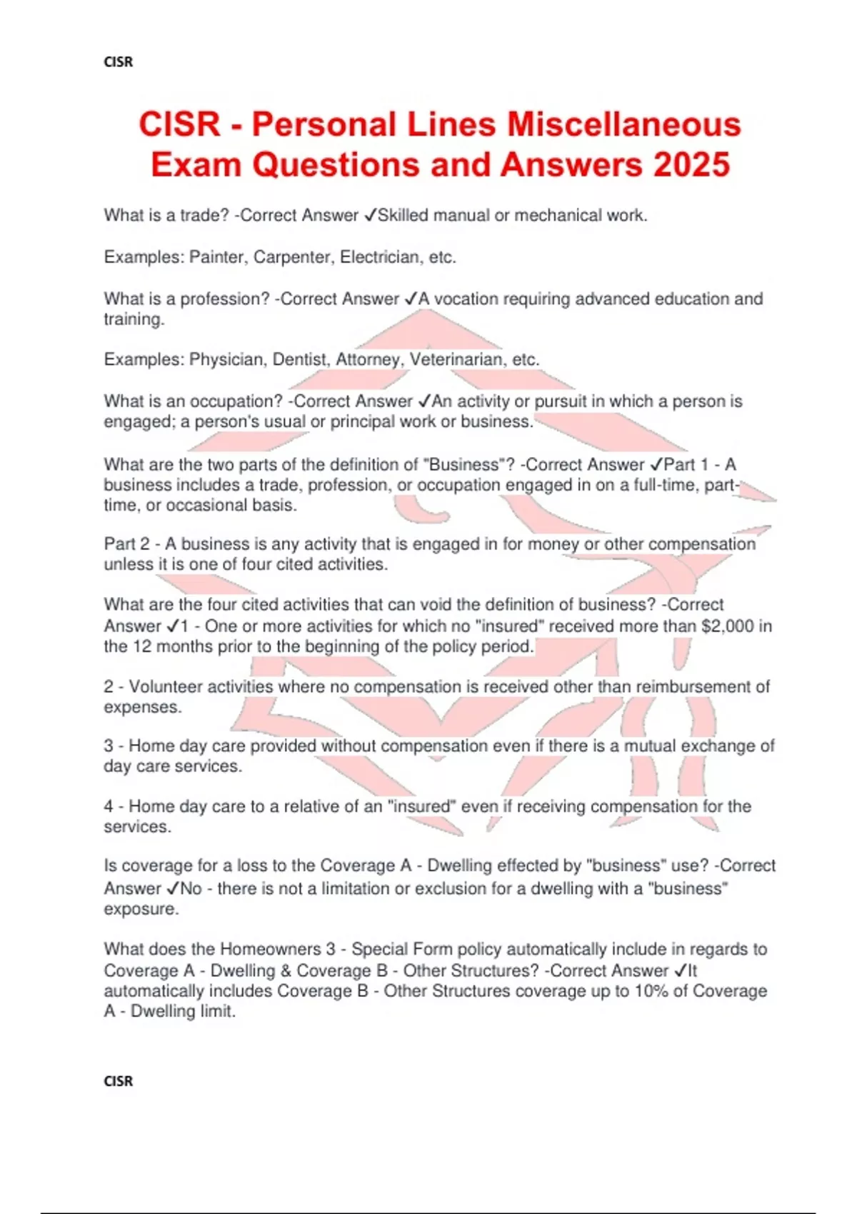 CISR - Personal Lines Miscellaneous Exam Questions and Answers 2025 ...