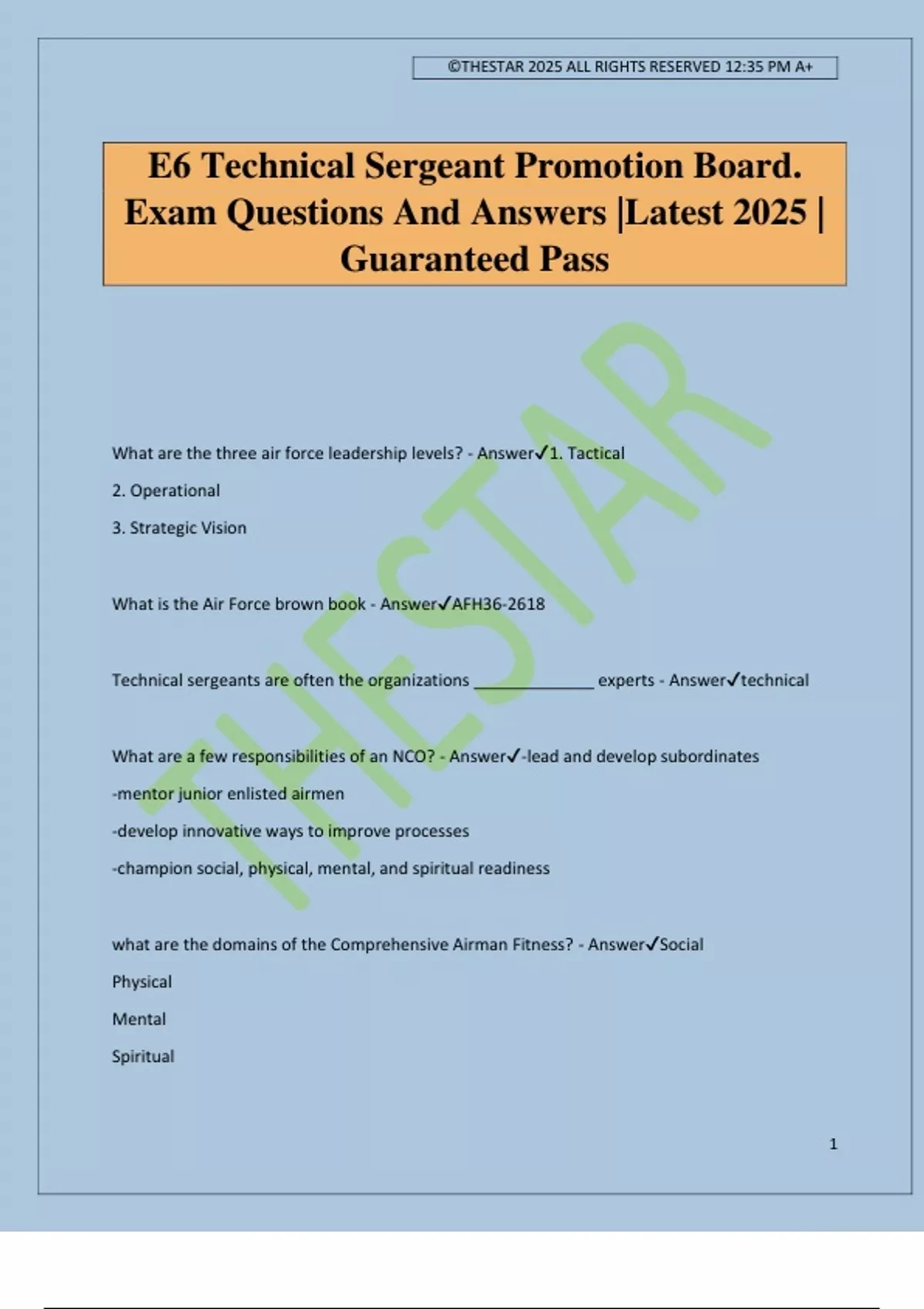E6 Technical Sergeant Promotion Board. Exam Questions And Answers ...