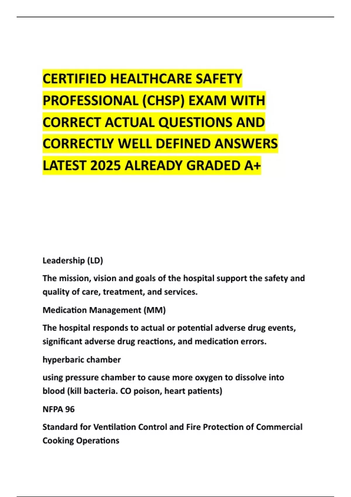 CERTIFIED HEALTHCARE SAFETY PROFESSIONAL (CHSP) EXAM WITH CORRECT ...