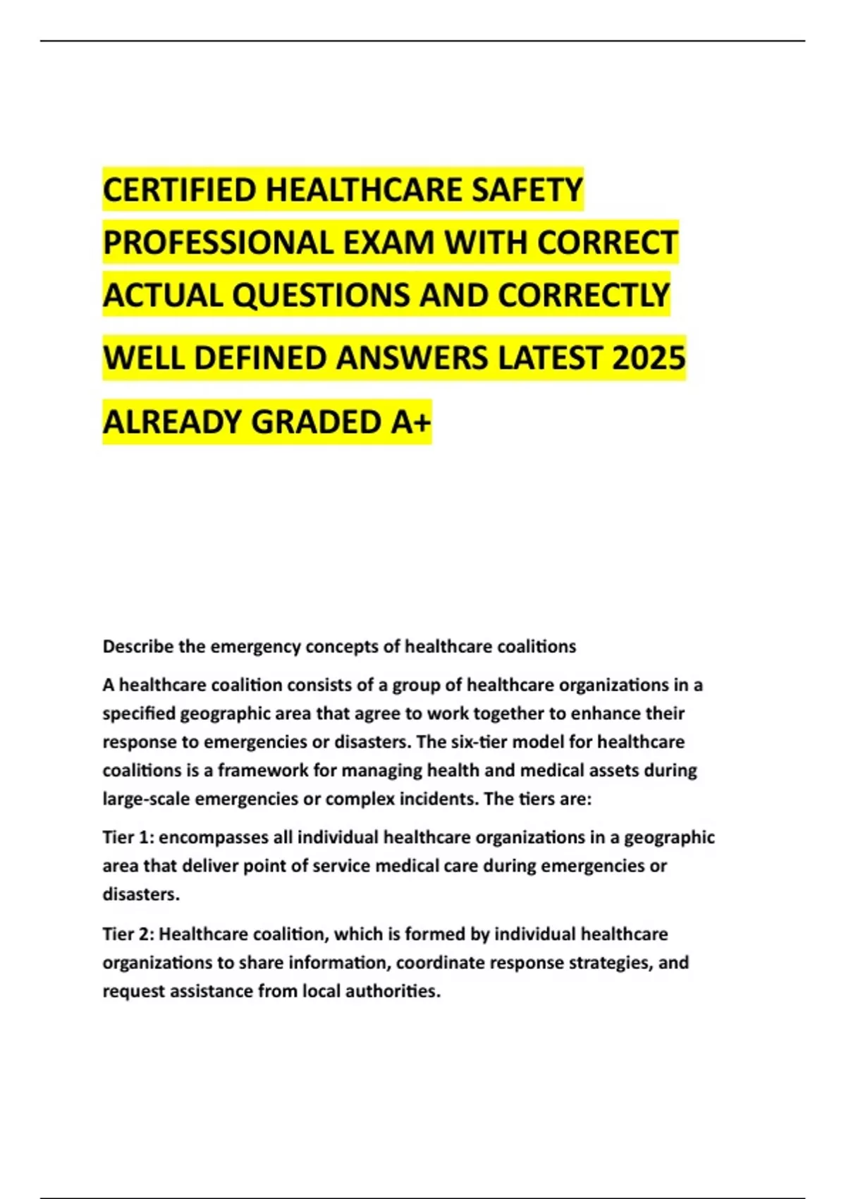 CERTIFIED HEALTHCARE SAFETY PROFESSIONAL EXAM WITH CORRECT ACTUAL ...