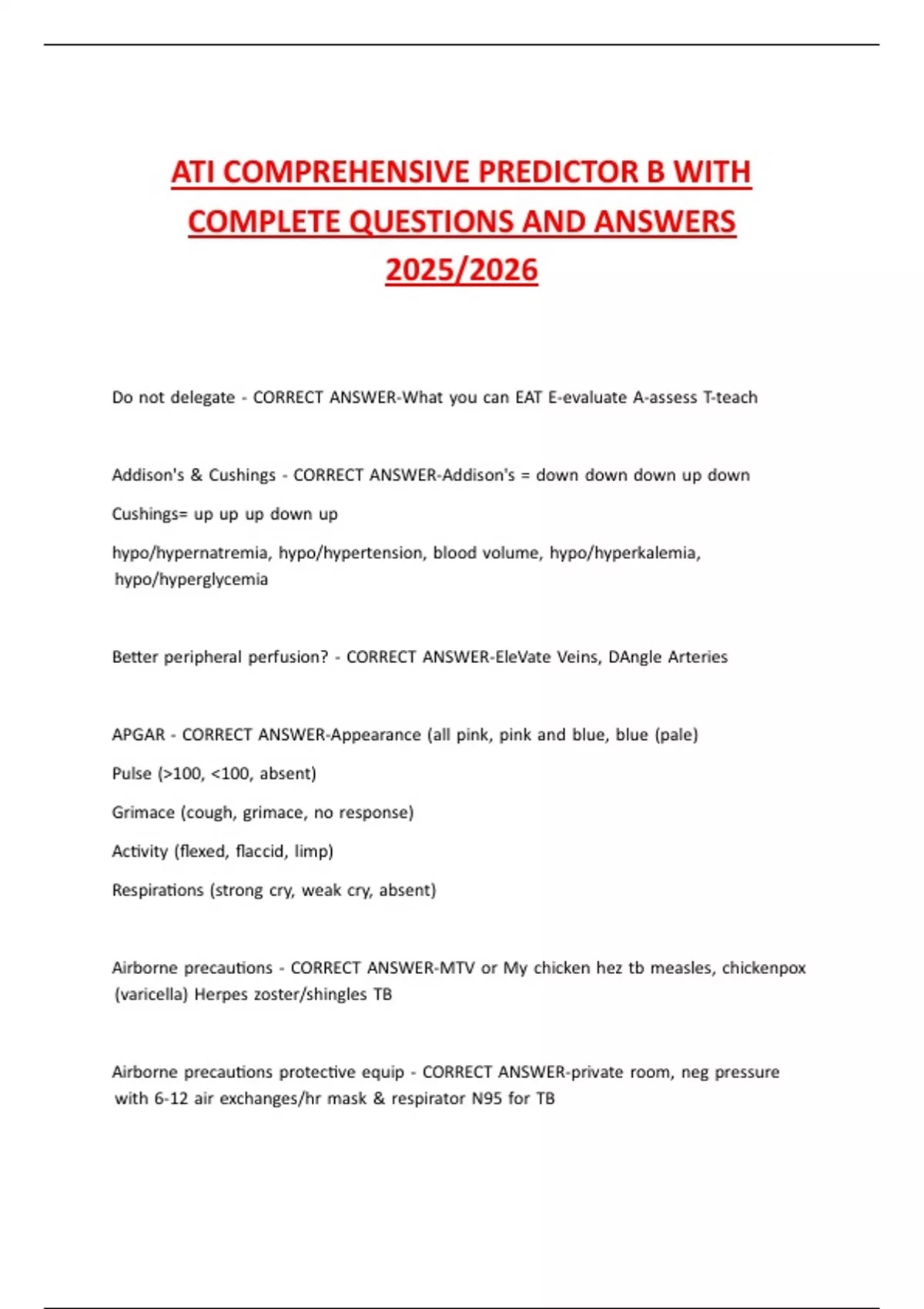 ATI COMPREHENSIVE PREDICTOR B WITH COMPLETE QUESTIONS AND ANSWERS 2025/ ...