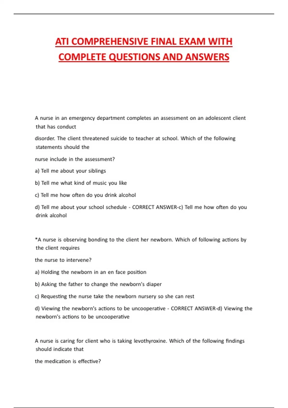 ATI COMPREHENSIVE FINAL EXAM WITH COMPLETE QUESTIONS AND ANSWERS - ATI COMPREHENSIVE - Stuvia US