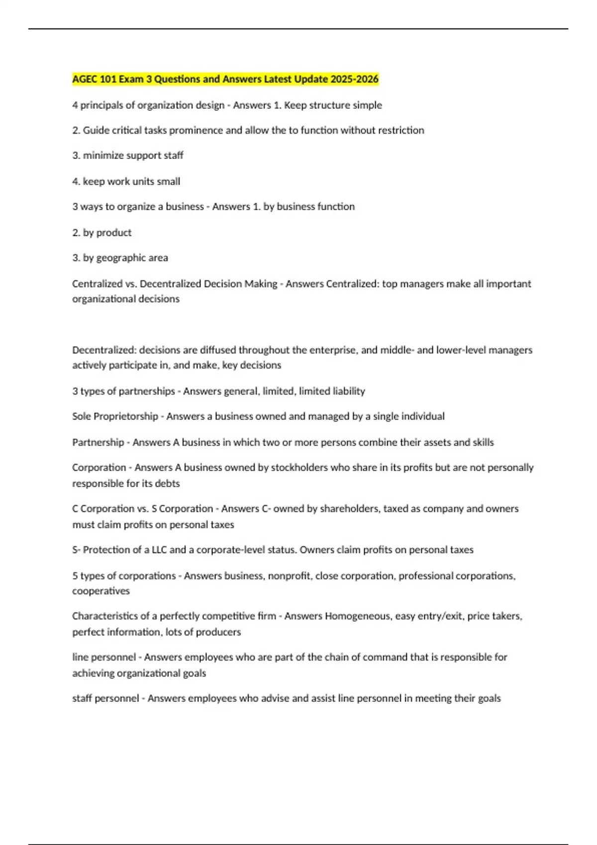 AGEC 101 Exam 3 Questions and Answers Latest Update - AGEC 101 - Stuvia US