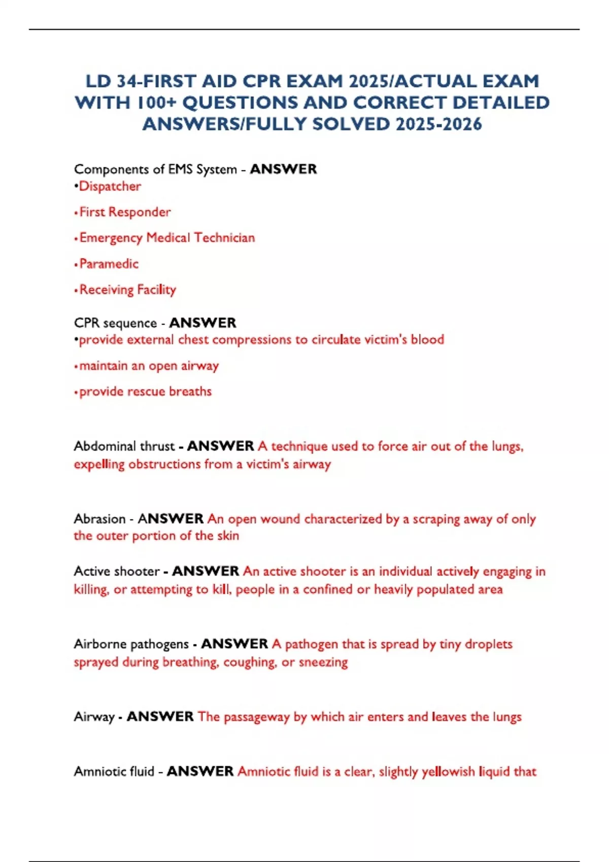 LD 34-FIRST AID CPR EXAM 2025/ACTUAL EXAM WITH 100+ QUESTIONS AND CORRECT DETAILED ANSWERS/FULLY ...