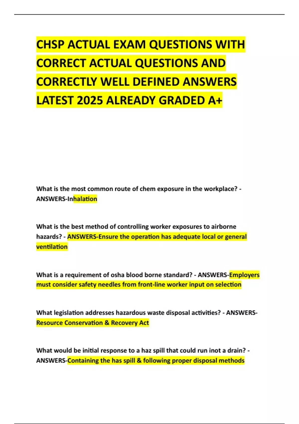 CHSP ACTUAL EXAM QUESTIONS WITH CORRECT ACTUAL QUESTIONS AND CORRECTLY ...