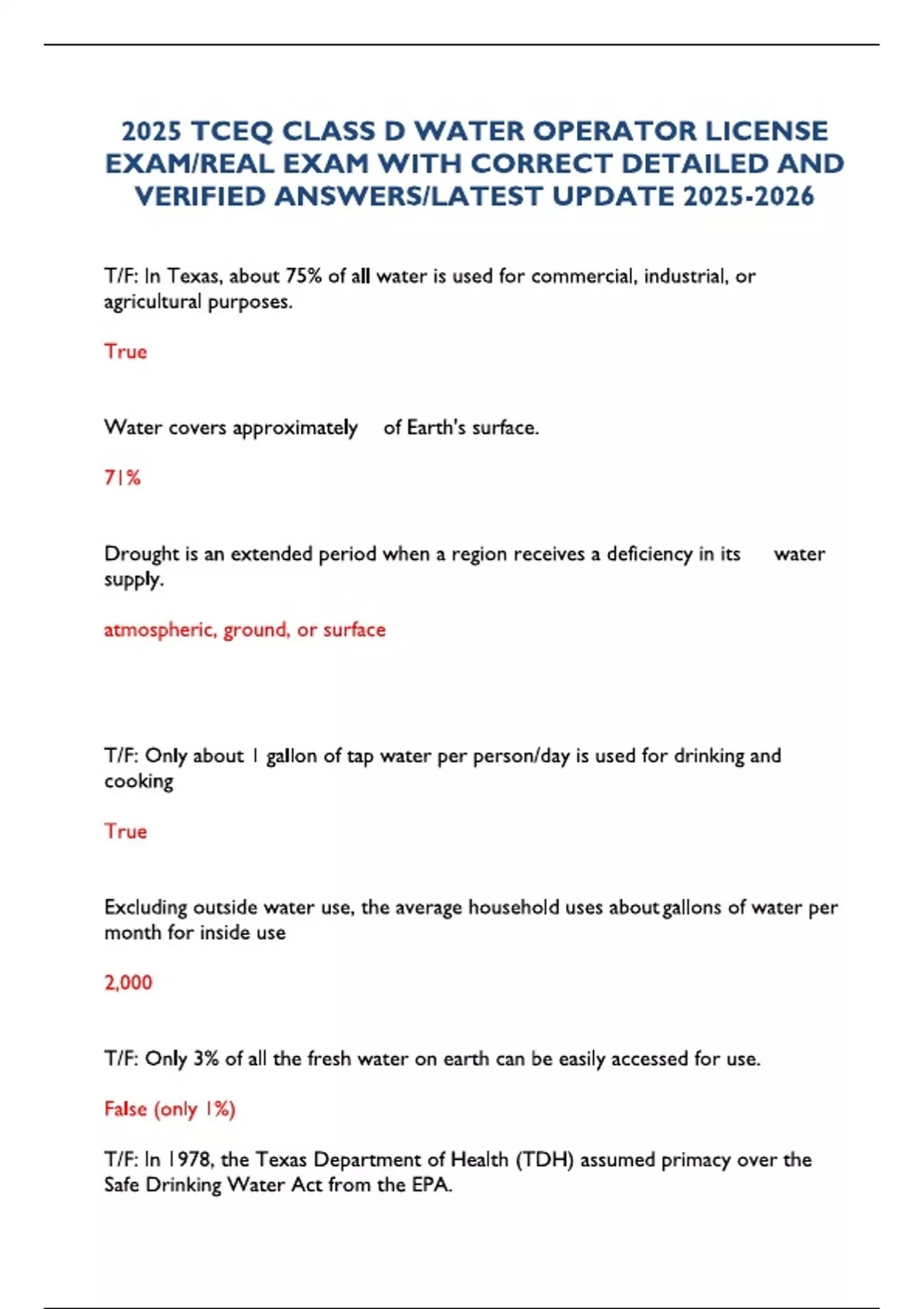 2025 TCEQ CLASS D WATER OPERATOR LICENSE EXAM/REAL EXAM WITH CORRECT ...