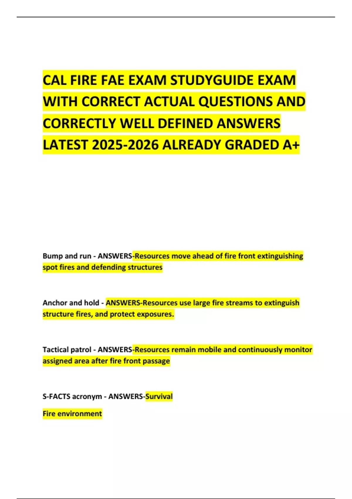 CAL FIRE FAE EXAM STUDYGUIDE EXAM WITH CORRECT ACTUAL QUESTIONS AND ...