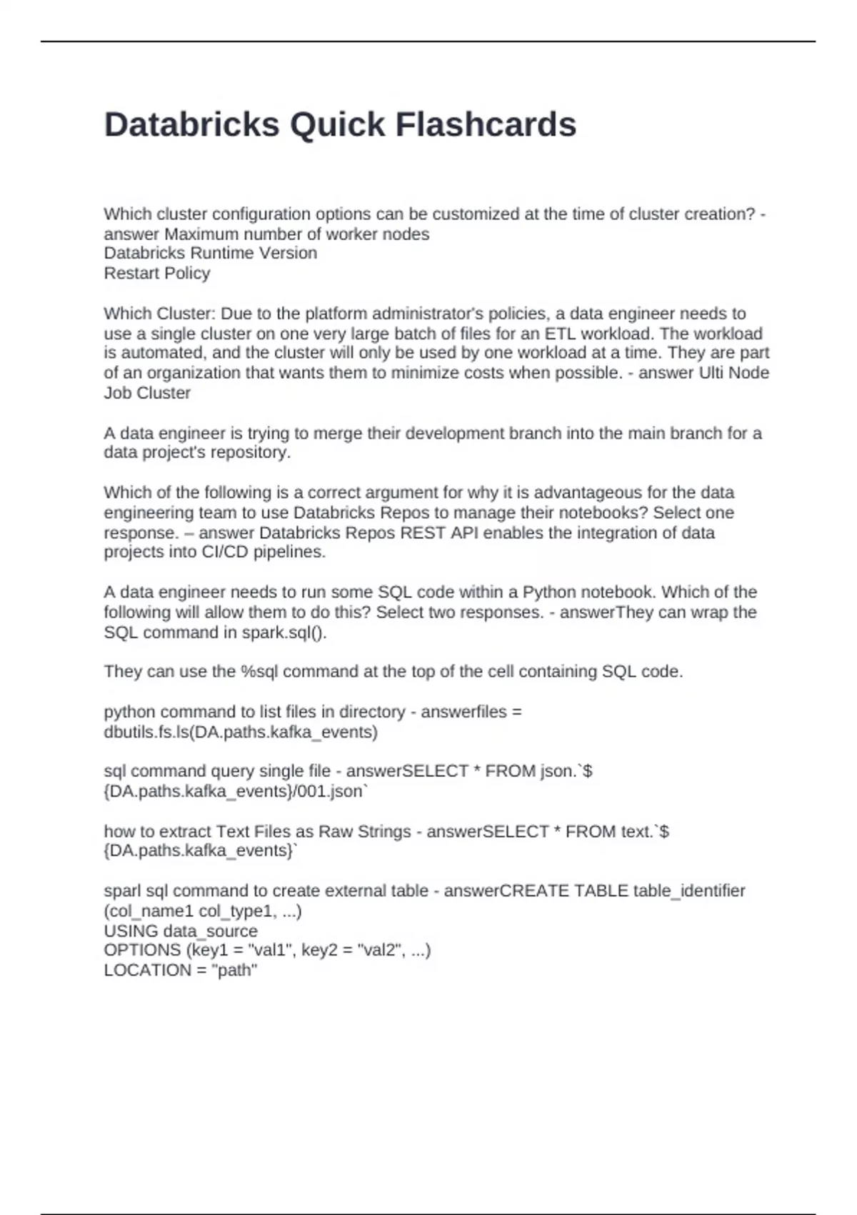 Databricks Quick Flashcards Questions with Solutions - Databricks ...