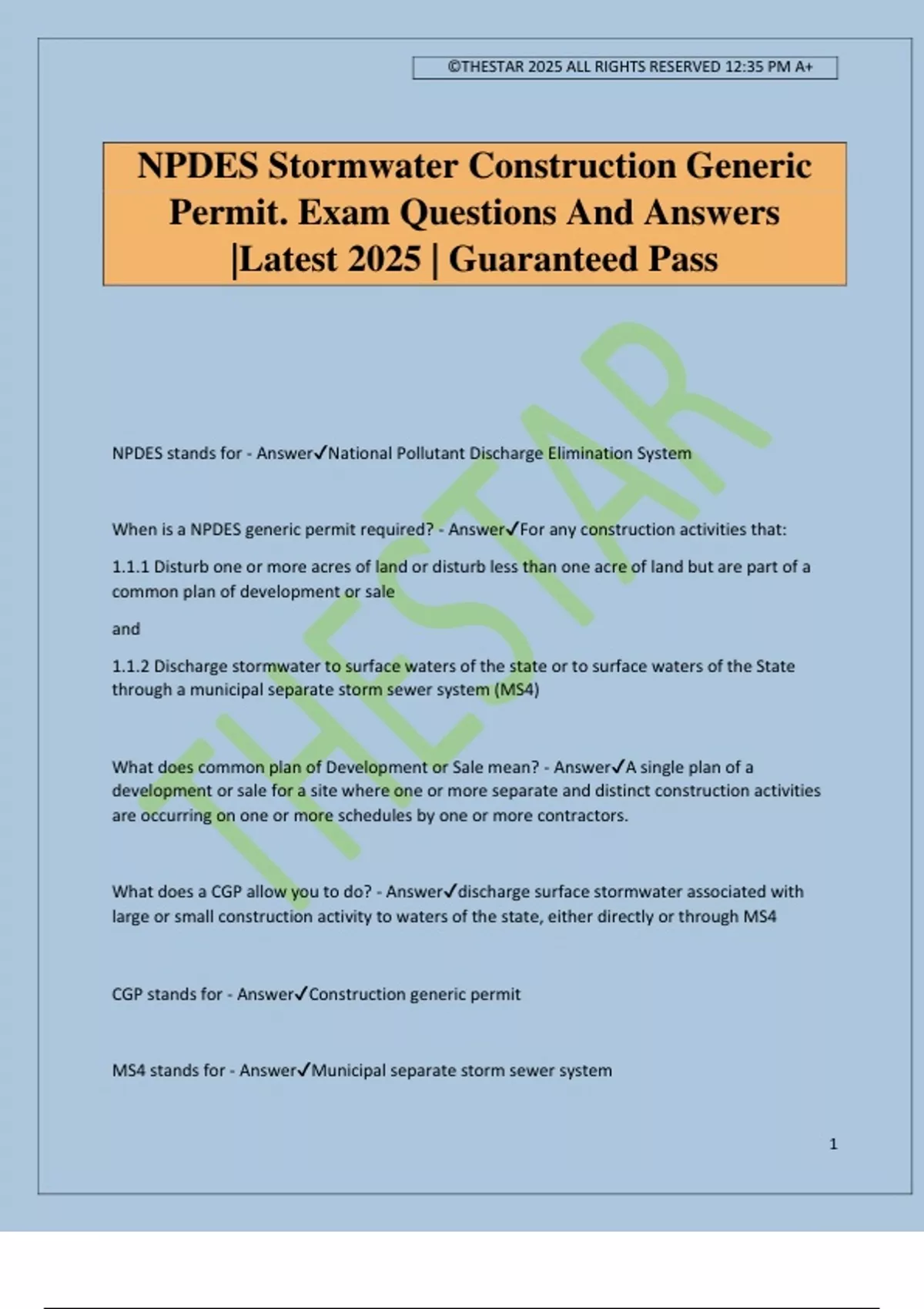 NPDES Stormwater Construction Generic Permit. Exam Questions And ...